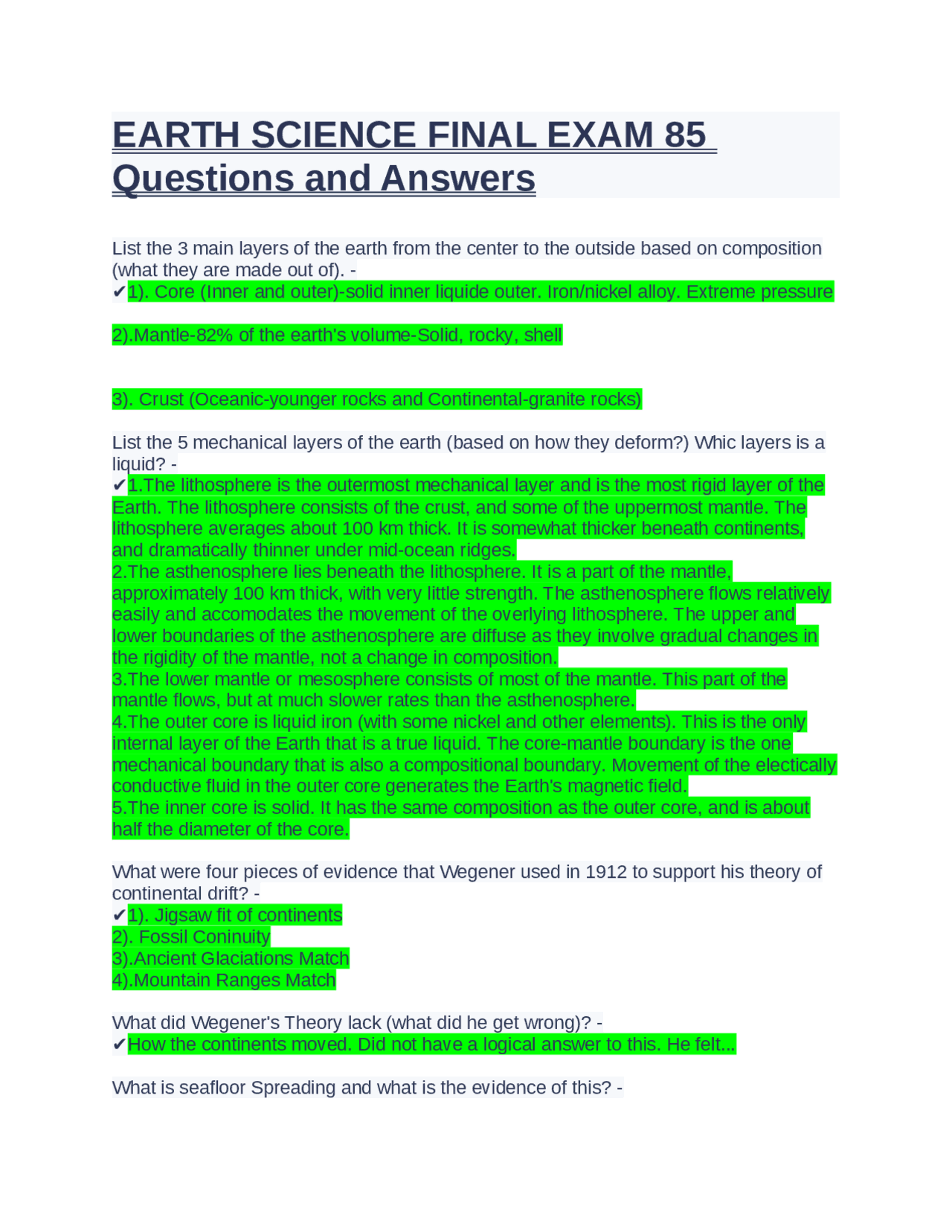 EARTH SCIENCE FINAL EXAM 85 Questions and Answers | Exams Earth ...