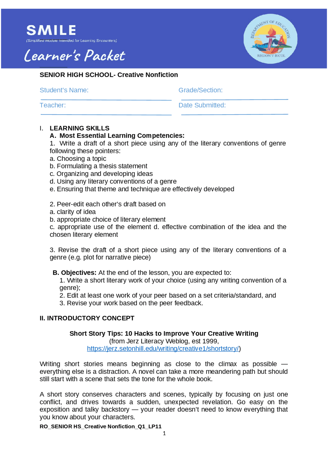 Creative Nonfiction Module 1 | Study notes English | Docsity