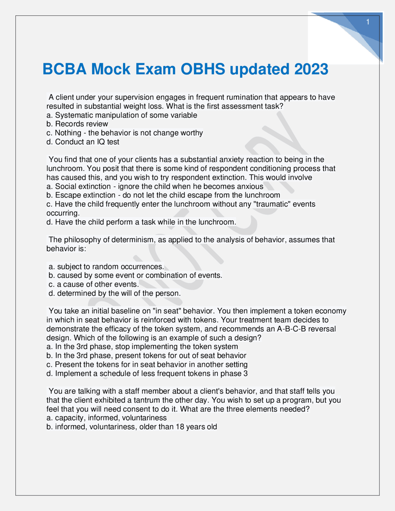 Bcba Mock Exam Obhs Updated 2023 Exams Nursing Docsity