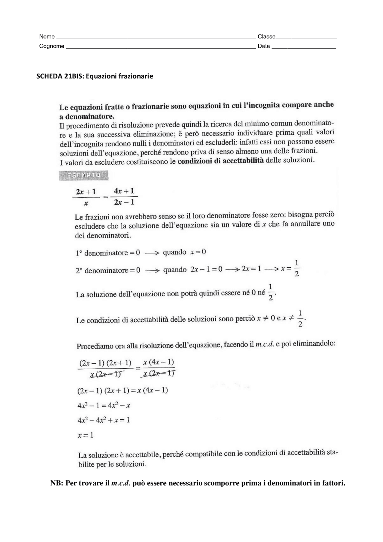 Equazioni Frazionarie Schemi E Mappe Concettuali Di Matematica Docsity
