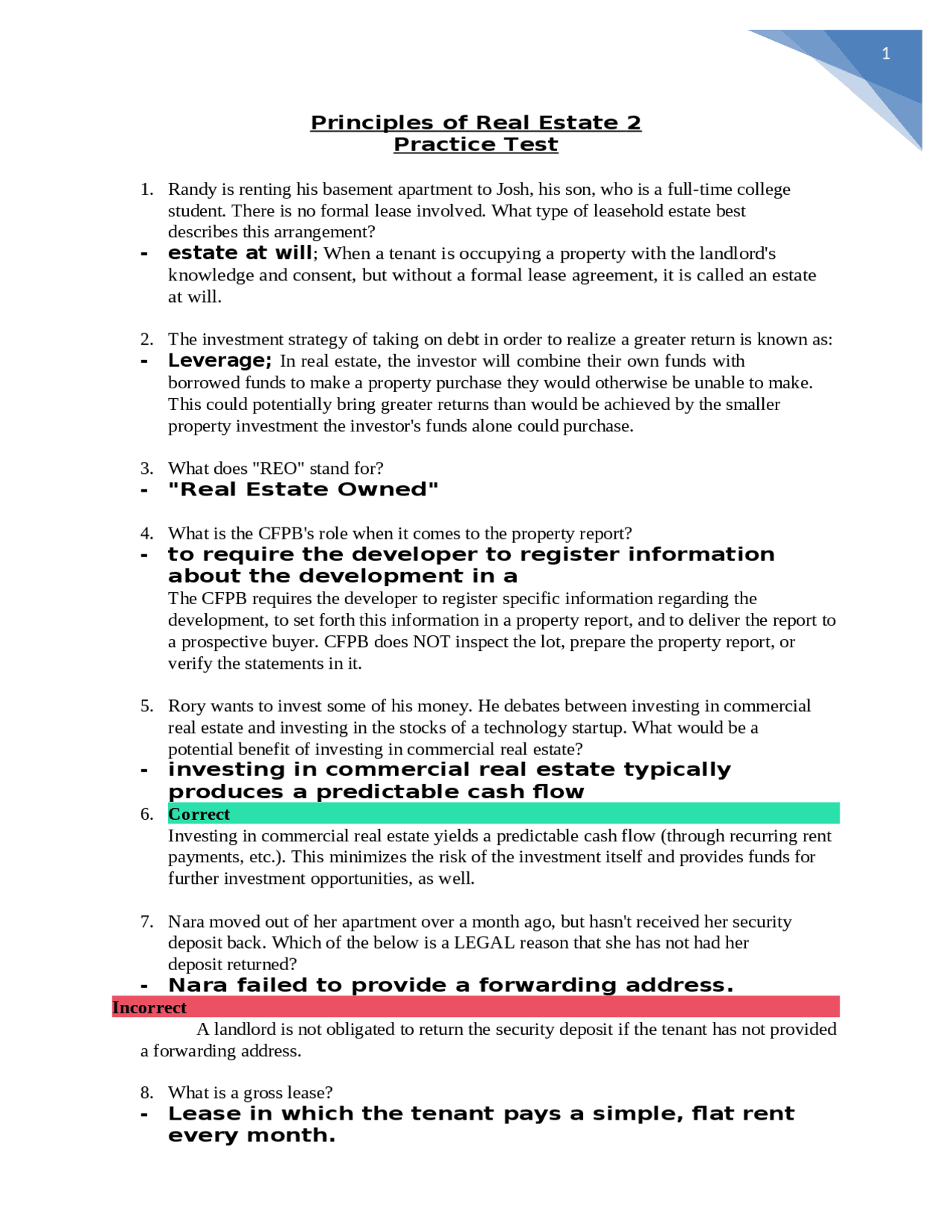 Principles of Real Estate 2 Practice Test questions with correct ...