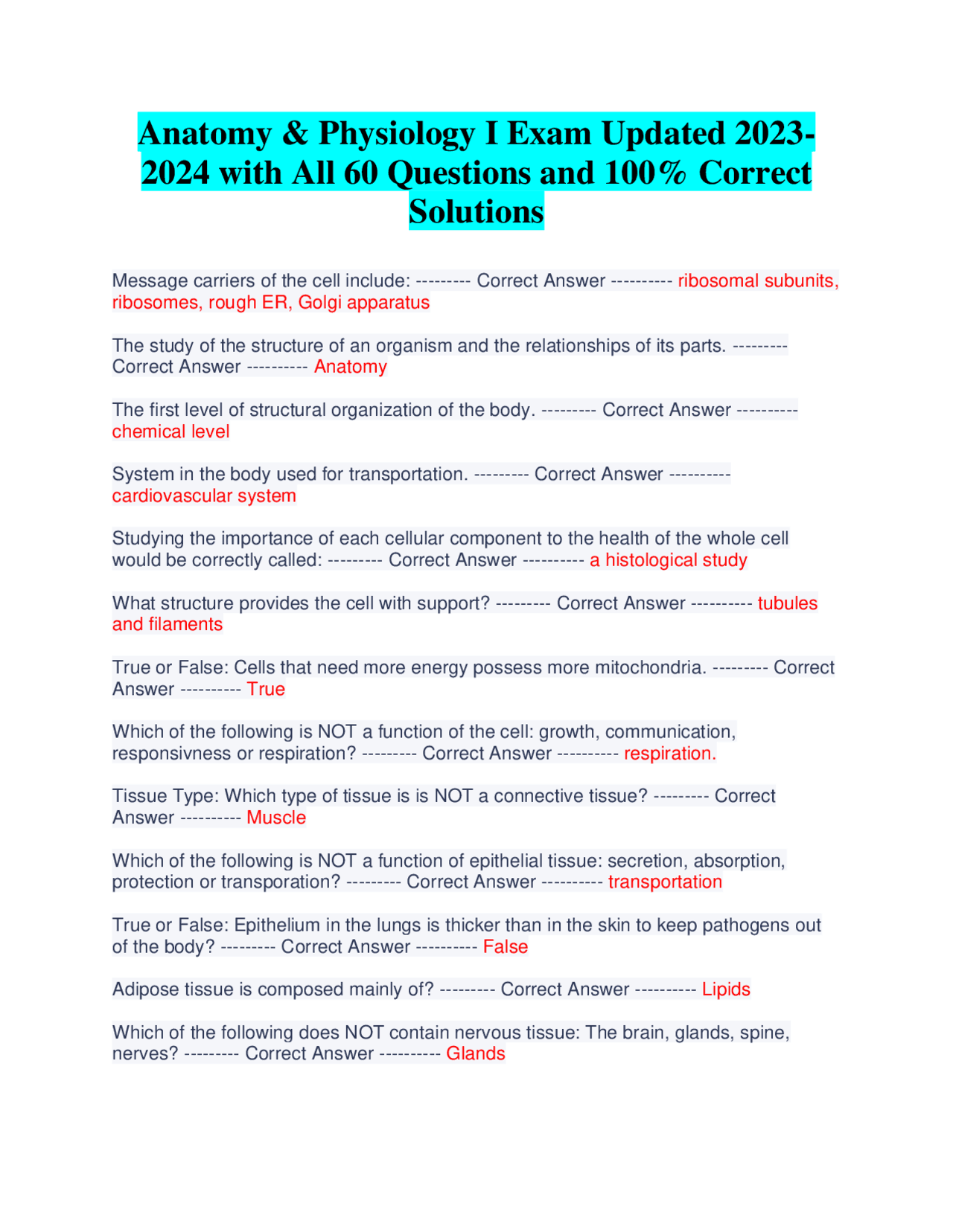 Anatomy & Physiology I Exam Updated 2023- 2024 with All 60 Questions and 100% Correct | Exams ...