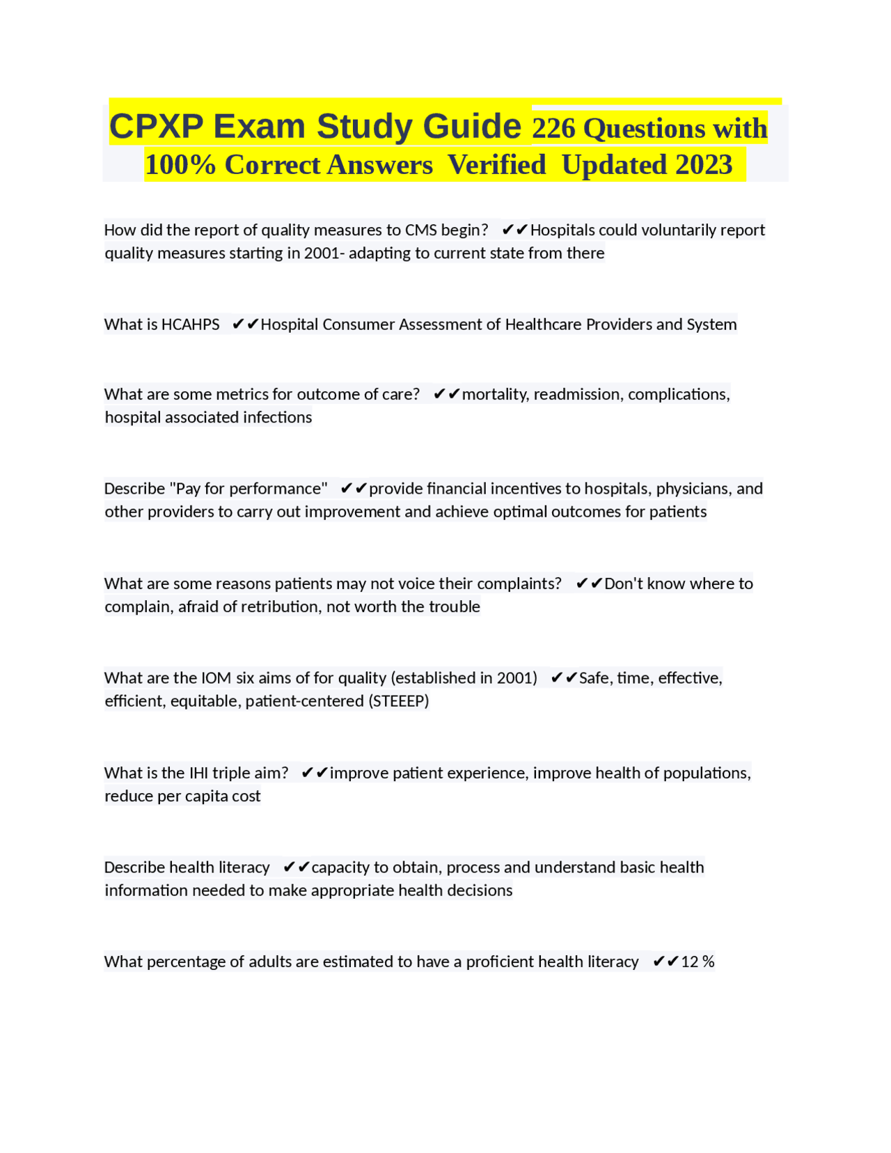 CPXP Exam Study Guide 226 Questions with 100% Verified Updated 2023 ...