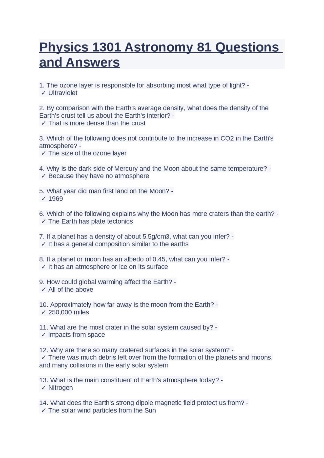Physics 1301 Astronomy 81 Questions And Answers Exams Physics Docsity