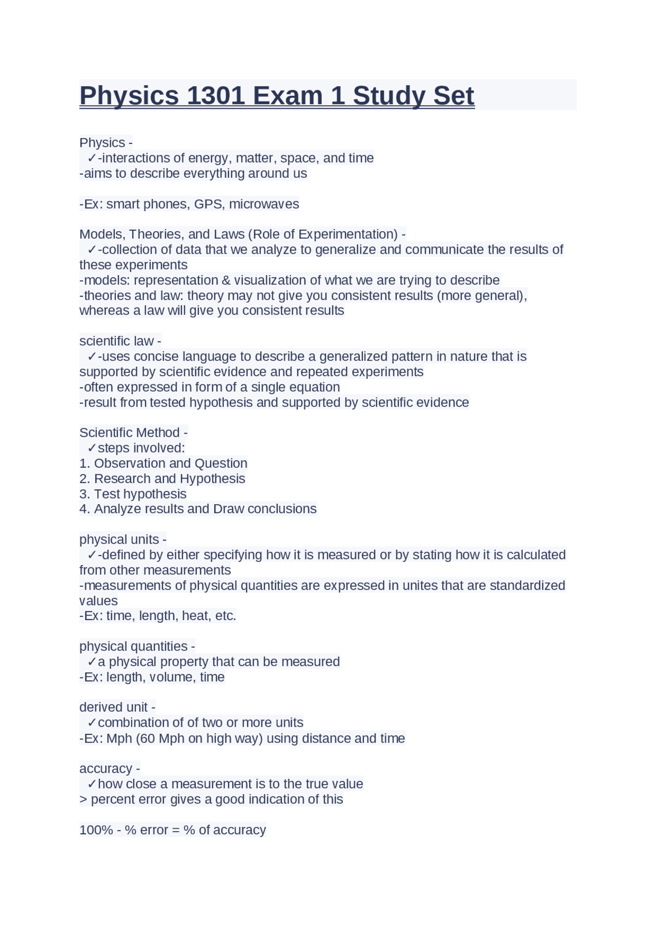 Physics 1301 Exam 1 Study Set | Exams Physics | Docsity