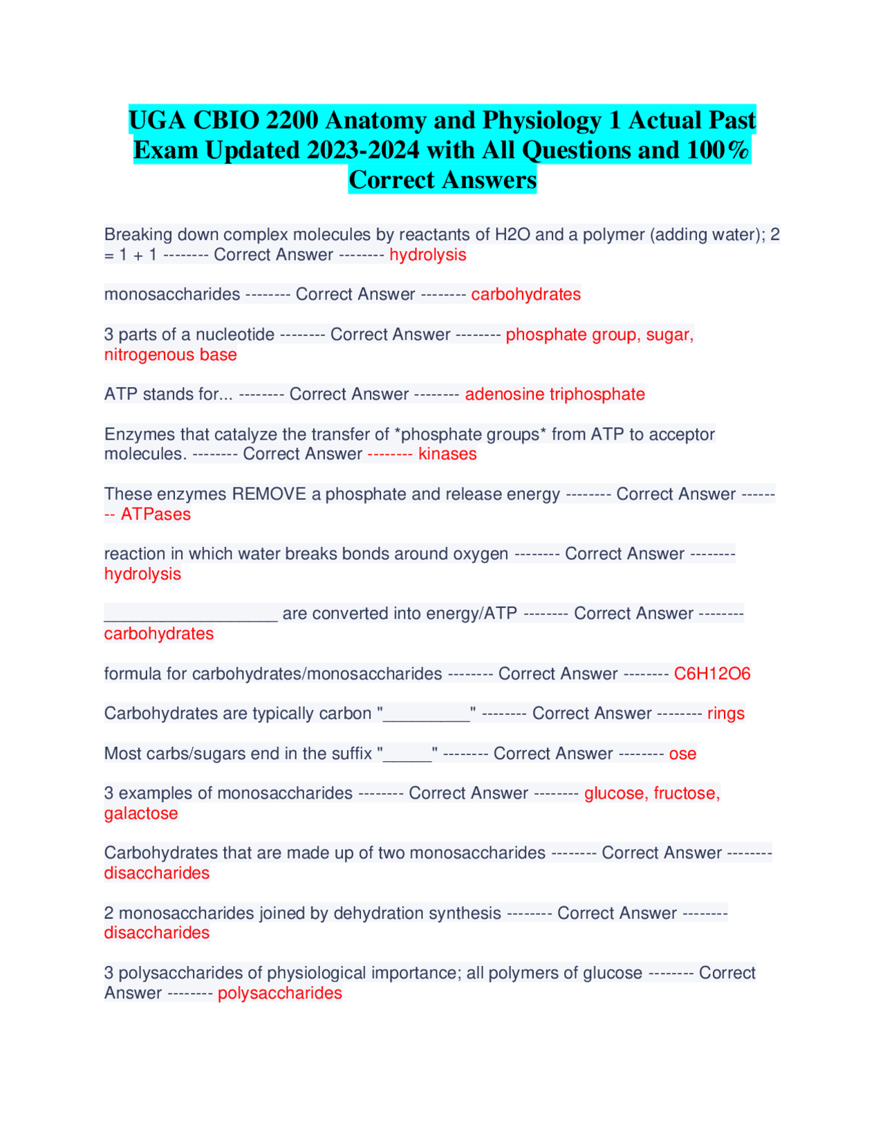 UGA CBIO 2200 Anatomy and Physiology 1 Actual Past Exam Updated 2023 ...