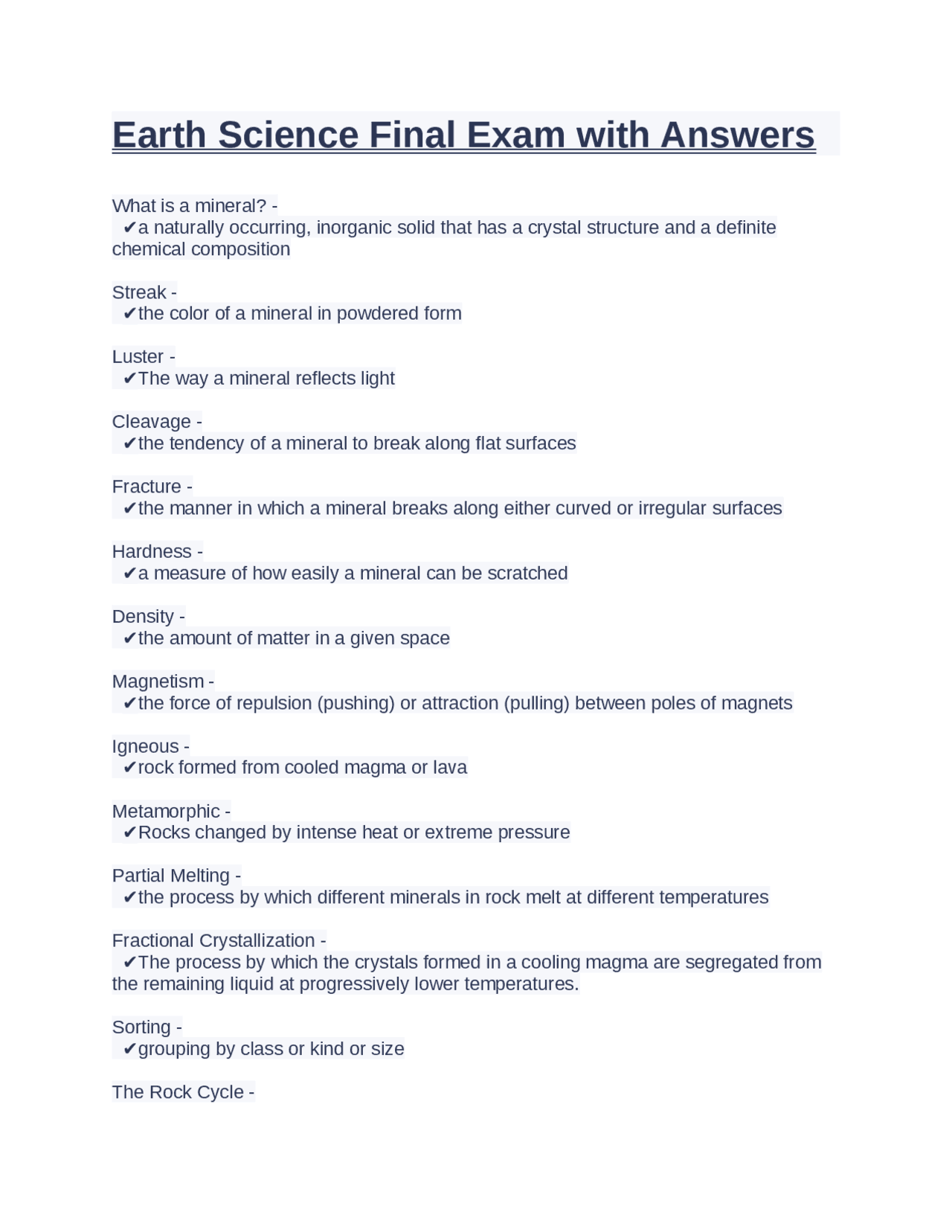 Earth Science Final Exam With Answers Exams Earth Sciences Docsity