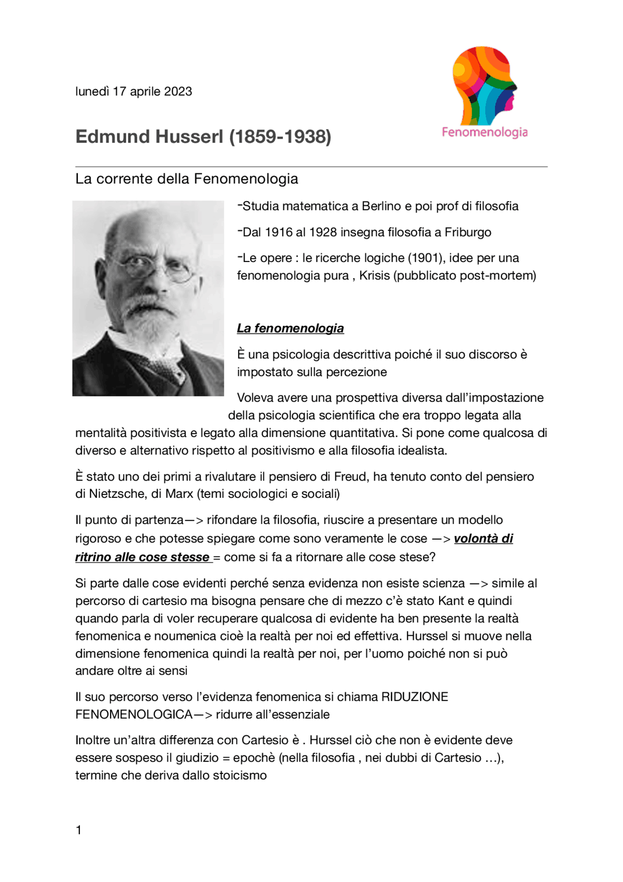 La Fenomenologia Husserl E Heidegger Appunti Di Filosofia Docsity