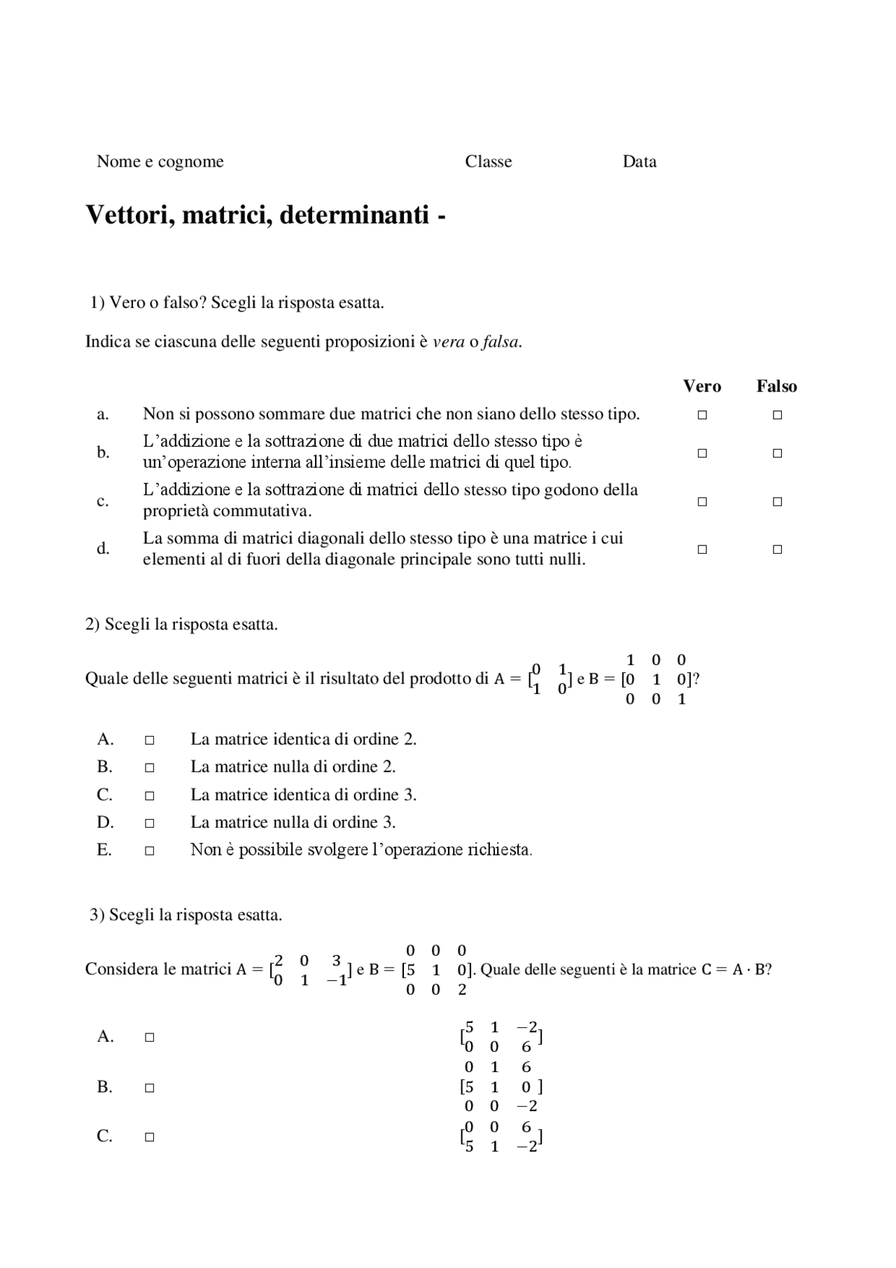Vettori Matrici E Determinanti Esercizi Di Matematica Docsity