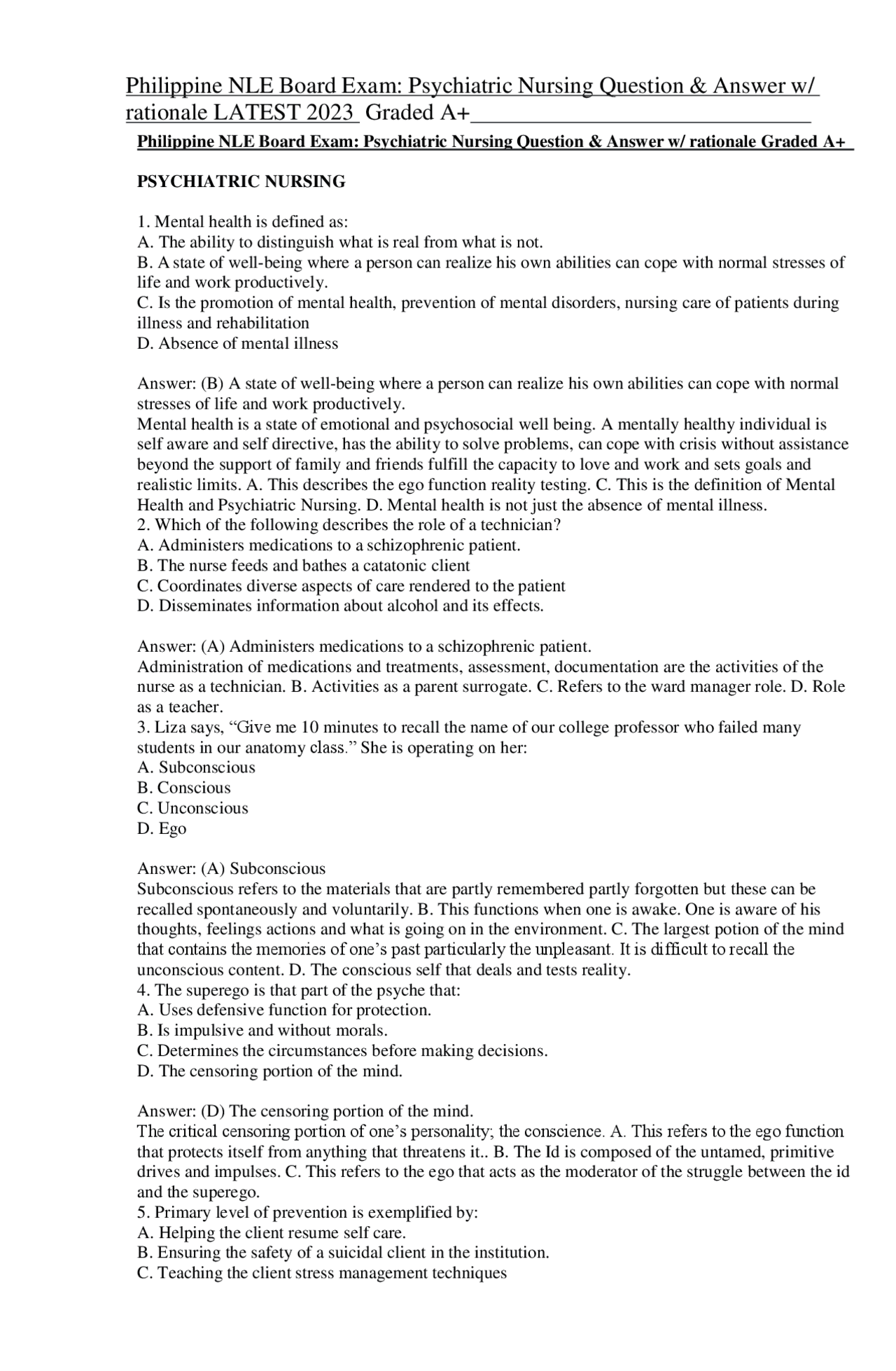 Philippine NLE Board Exam: Psychiatric Nursing Question & Answer w ...