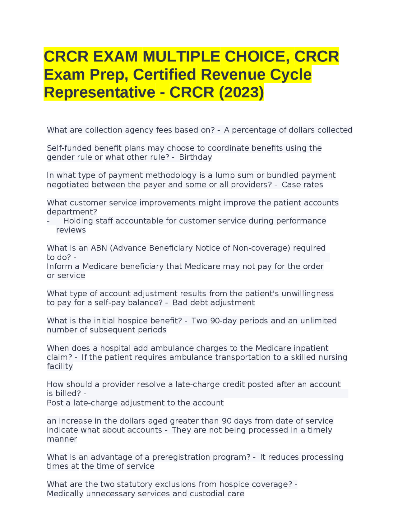 CRCR EXAM MULTIPLE CHOICE, CRCR Exam Prep, Certified Revenue Cycle ...