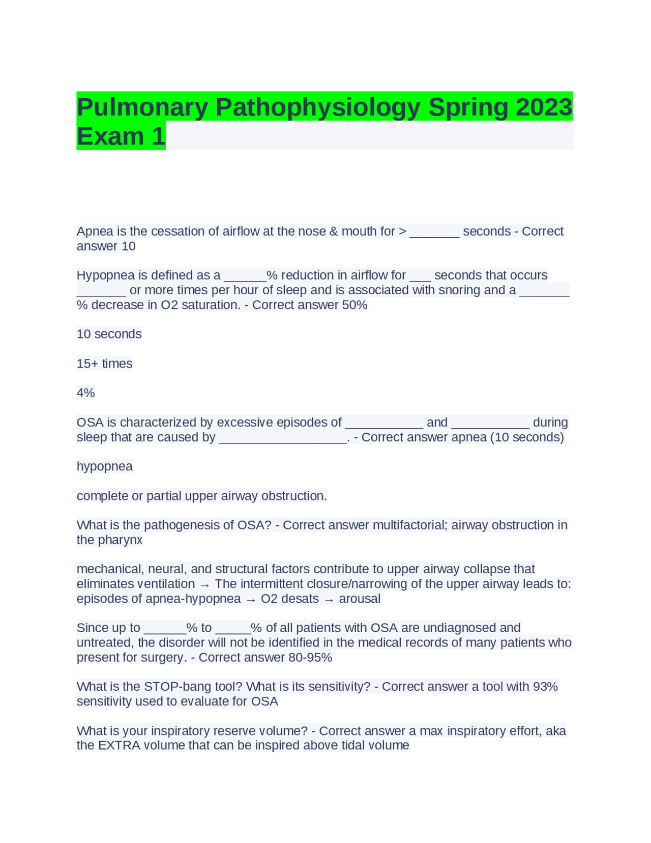 Pulmonary Pathophysiology Spring 2023 Exam 1 Exams Medicine Docsity