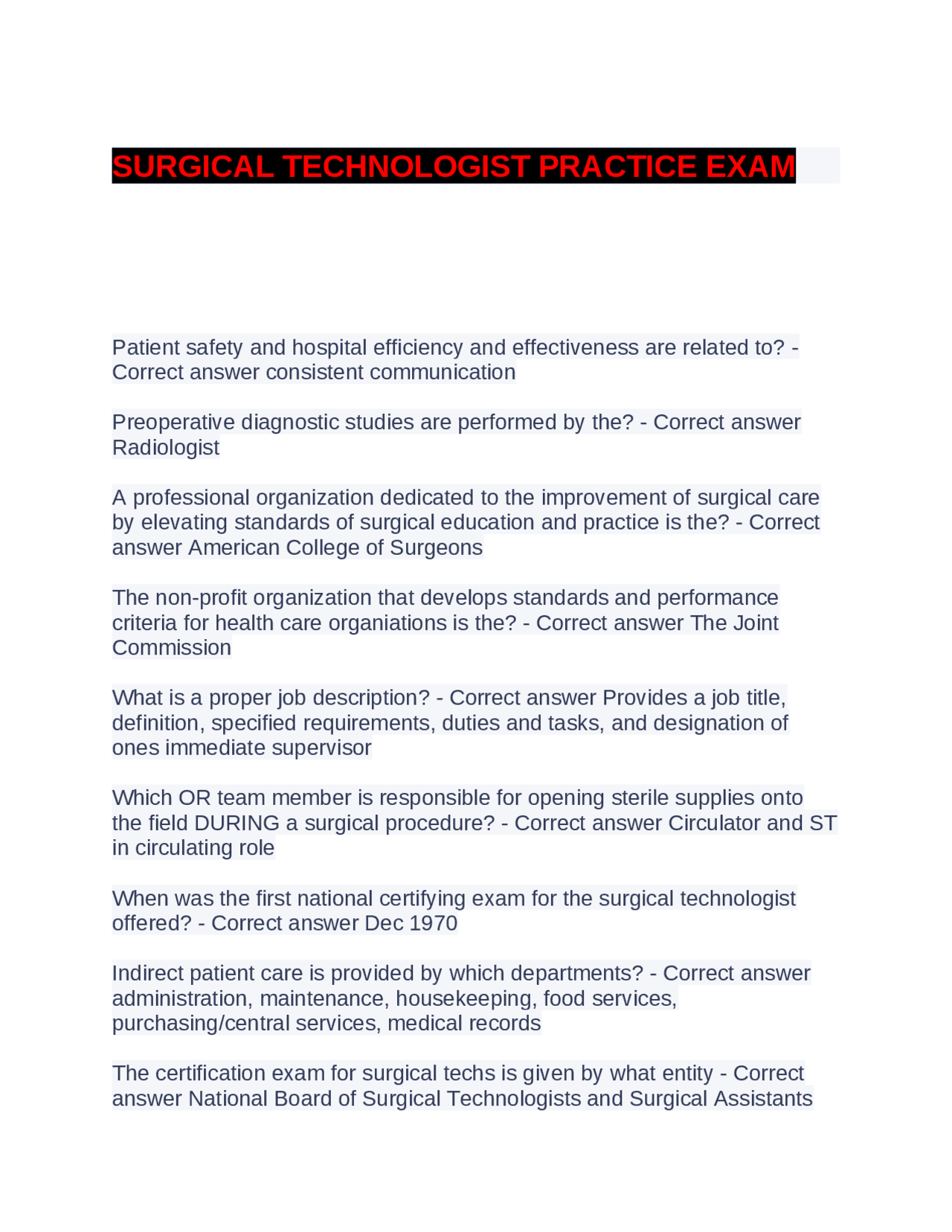 SURGICAL TECHNOLOGIST PRACTICE EXAM | Exams Medicine | Docsity