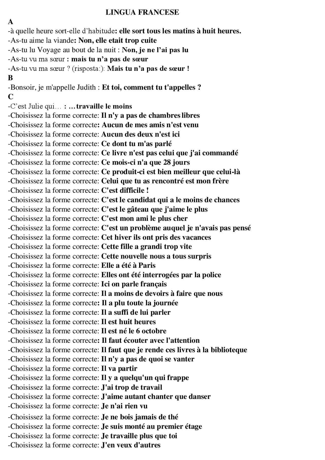 Lingua Francese Completo Di Risposte In Ordine Alfabetico Corretto