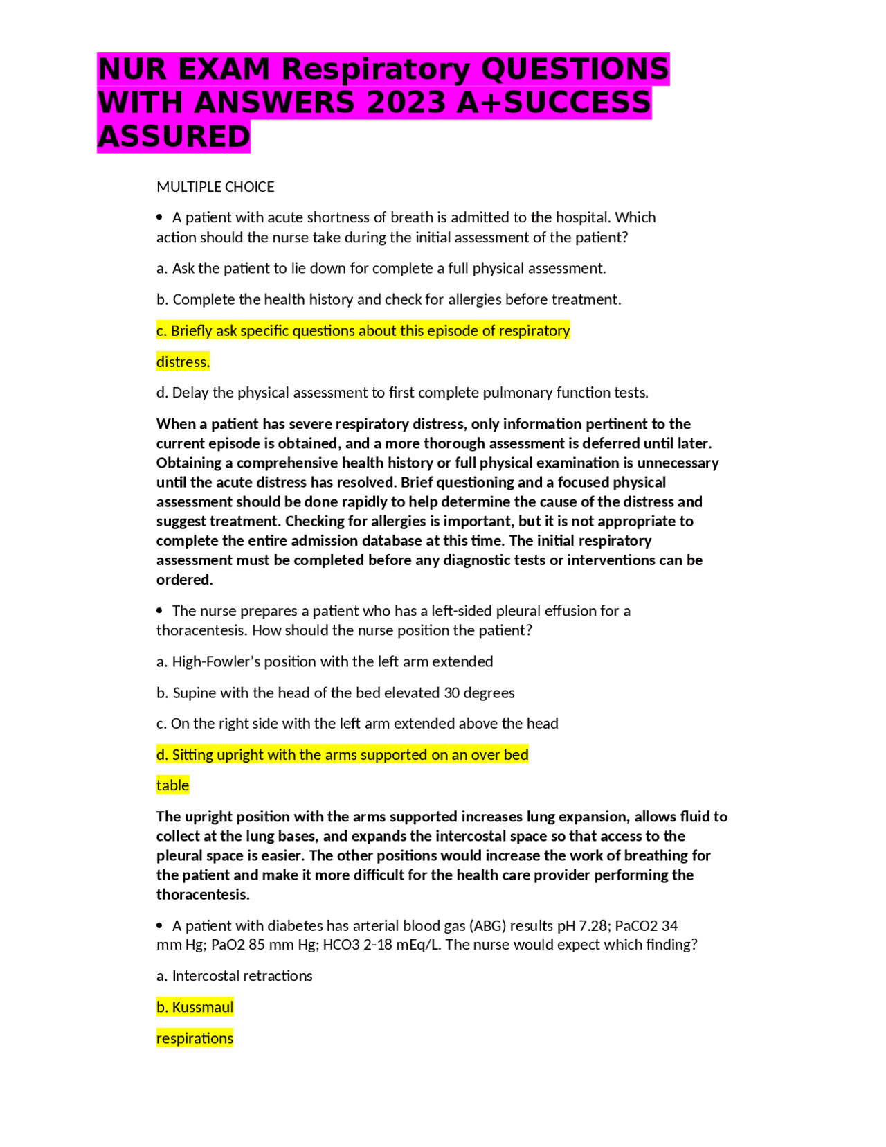 Nur Exam Respiratory Questions With Answers 2023 Asuccess Assured