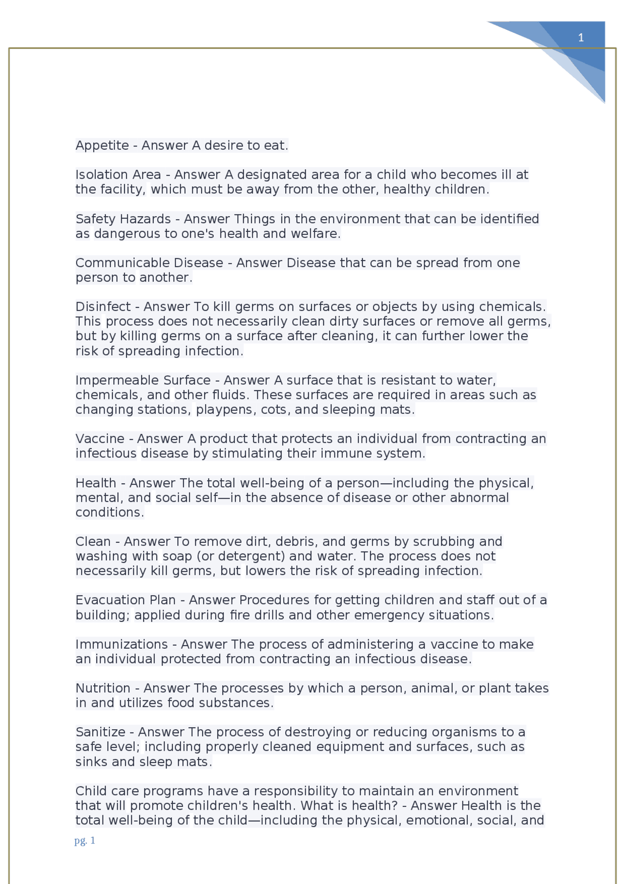 DCF 40 Hours Child Care (HSAN)Health, Safety, and Nutrition(2019)Solved ...