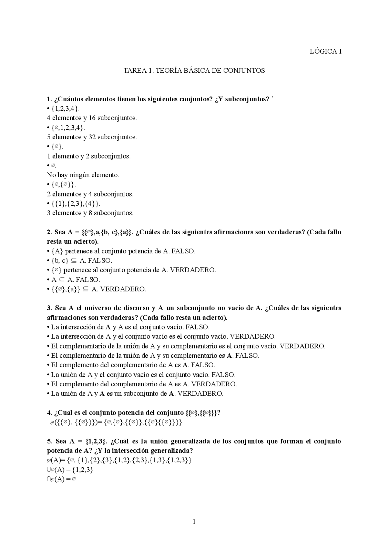 TAREA 1 - DE LÓGICA I | Ejercicios de Lógica | Docsity