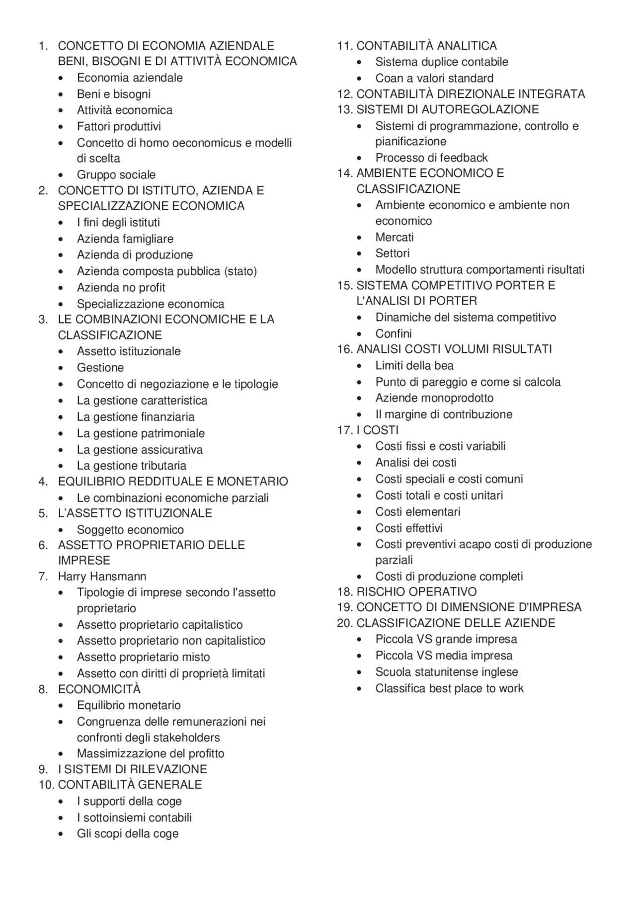 Indice economia aziendale | Schemi e mappe concettuali di Economia Aziendale | Docsity