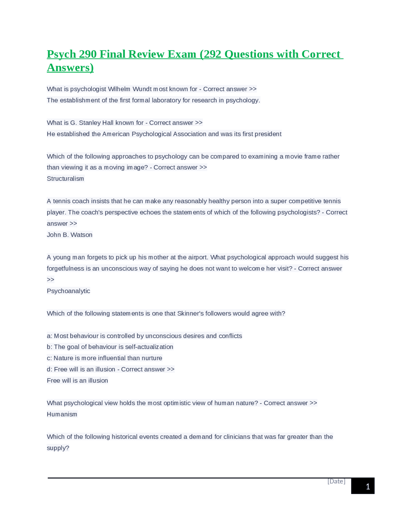 Psych 290 Final Review Exam 292 Questions With Correct Answers
