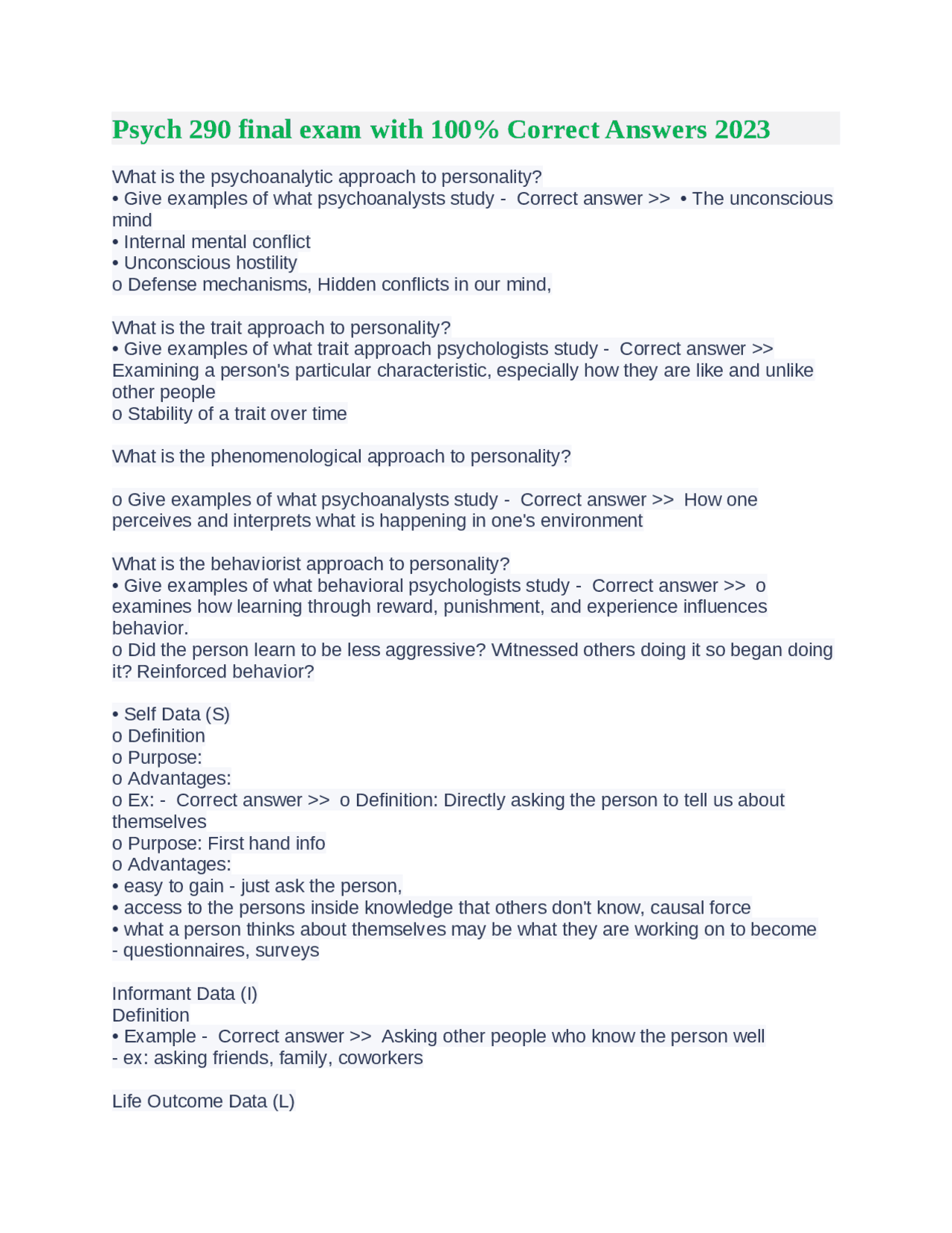 Psych 290 final exam with 100% Correct Answers 2023 | Exams Psychology ...