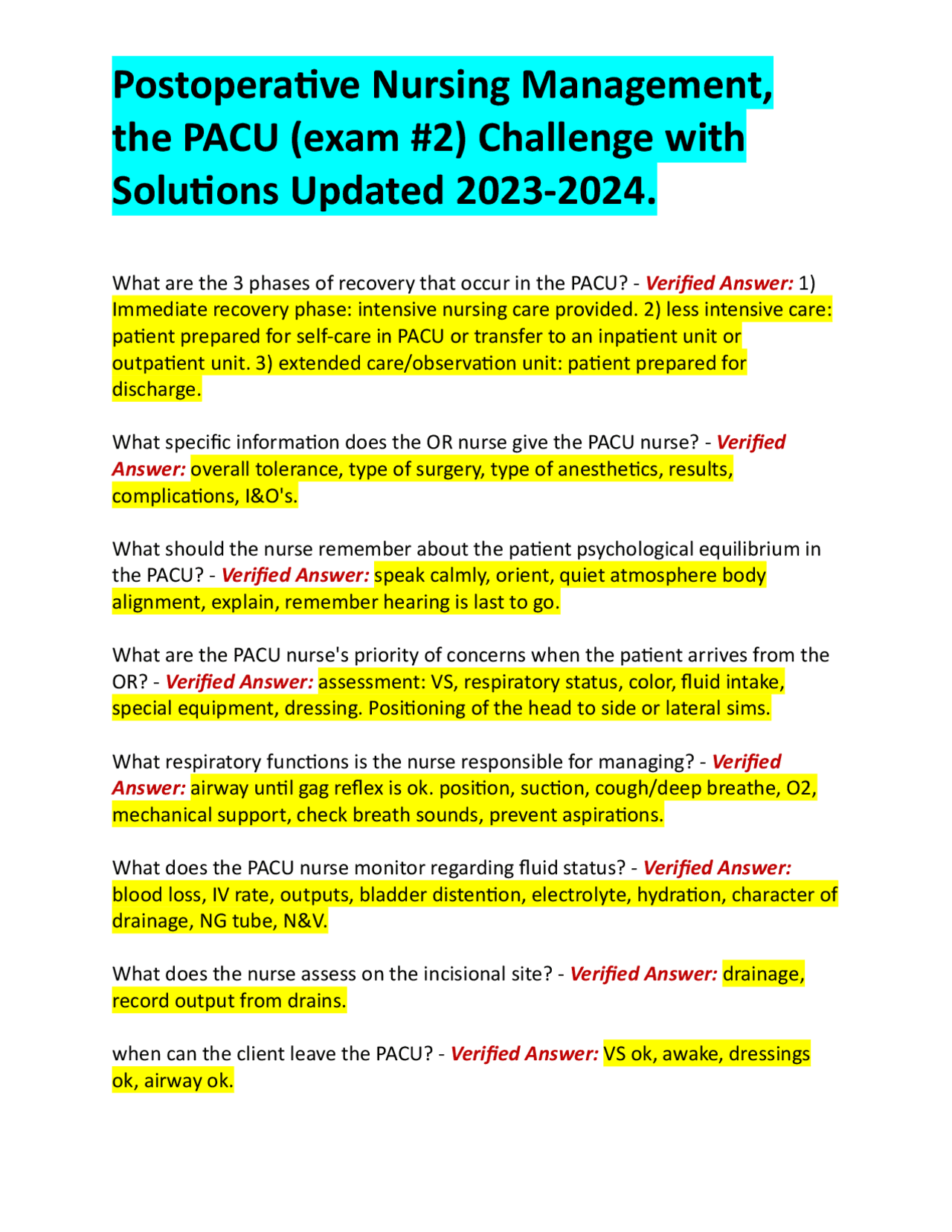 Postoperative Nursing Management, the PACU (exam #2) Challenge with ...