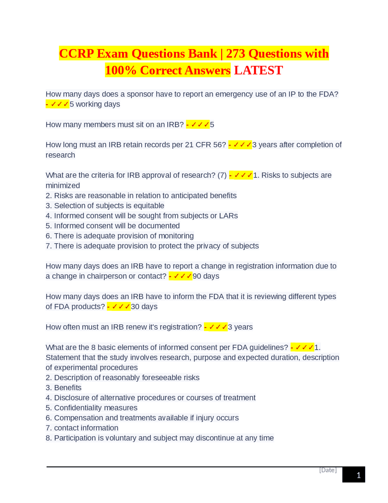 CCRP Exam Questions Bank | 273 Questions with 100% Correct Answers ...