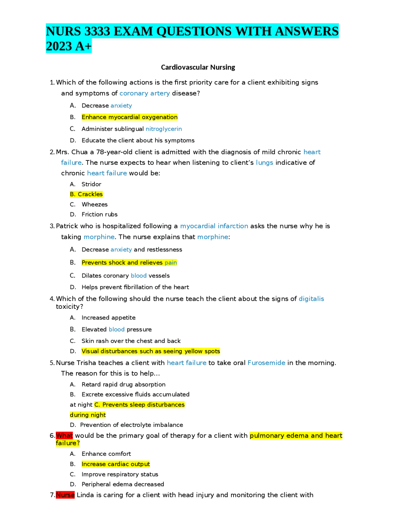 NURS 3333 EXAM QUESTIONS WITH ANSWERS 2023 A+ | Exams Nursing | Docsity