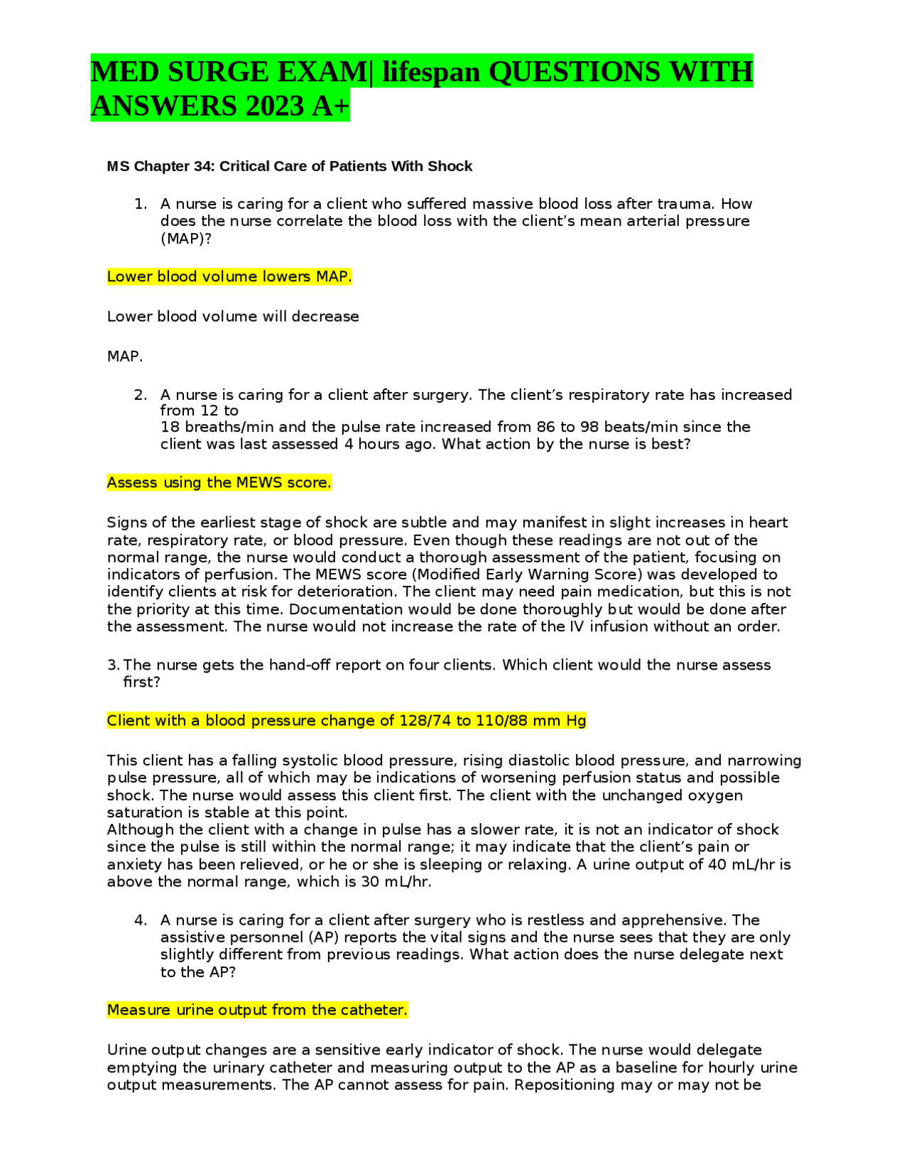 Med Surge Exam Lifespan Questions With Answers 2023 A Exams Nursing