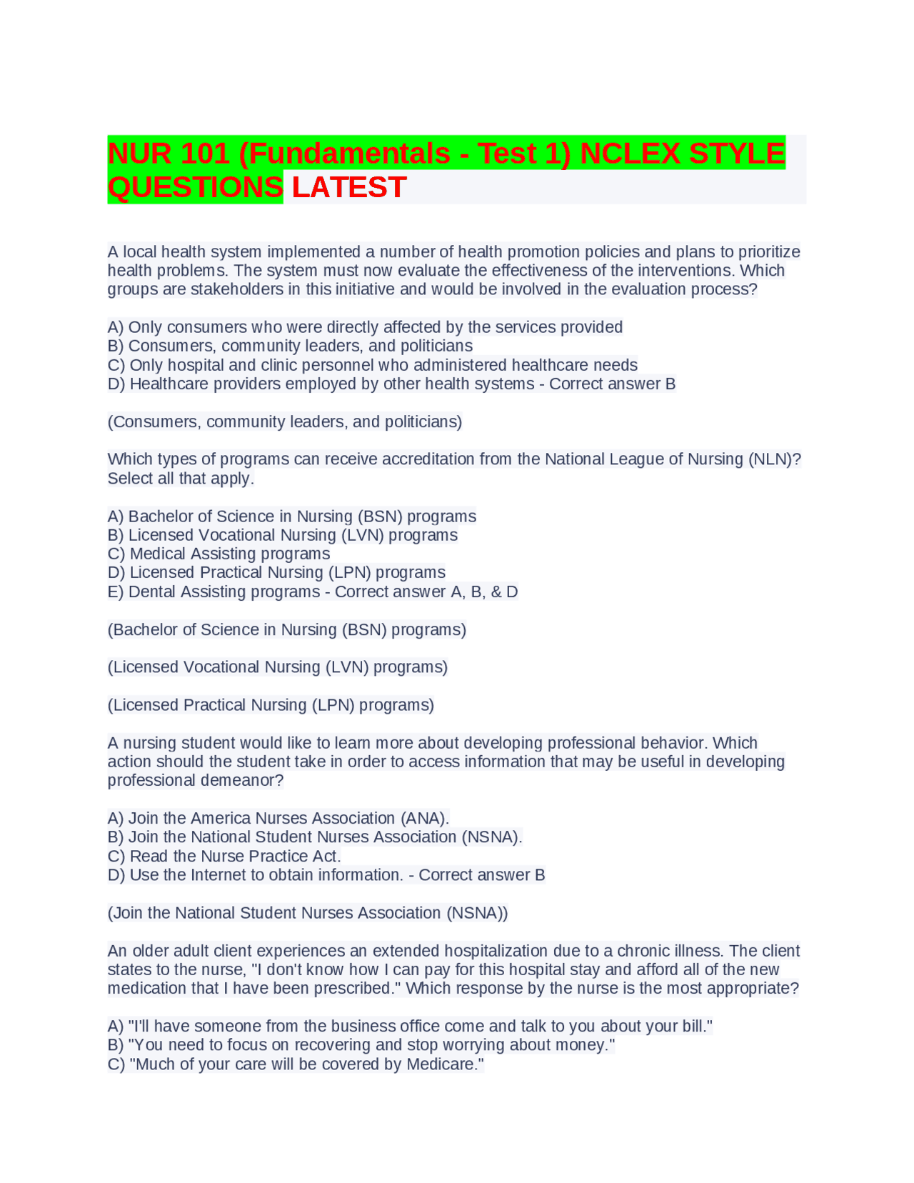 NUR 101 (Fundamentals - Test 1) NCLEX STYLE QUESTIONS LATEST | Exams ...