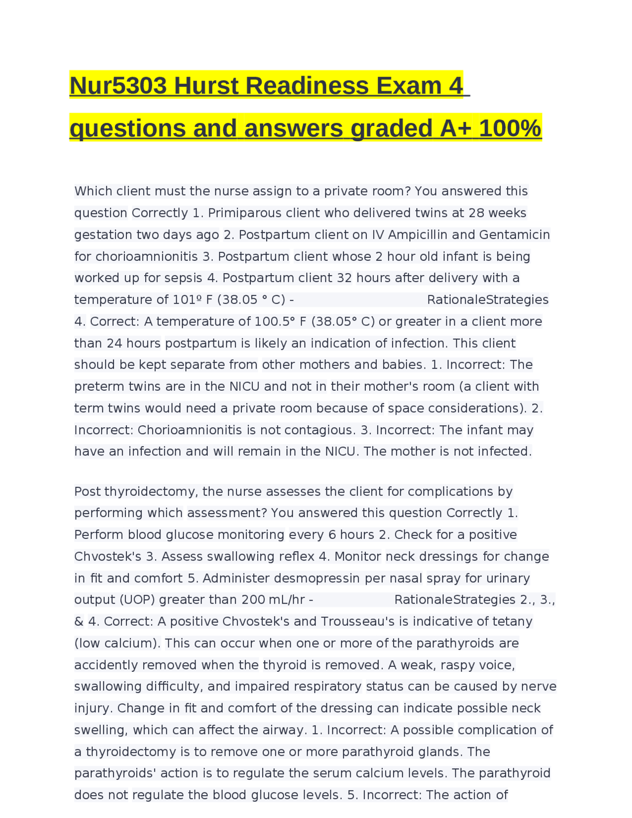 Nur5303 Hurst Readiness Exam 4 questions and answers graded A+ 100% ...