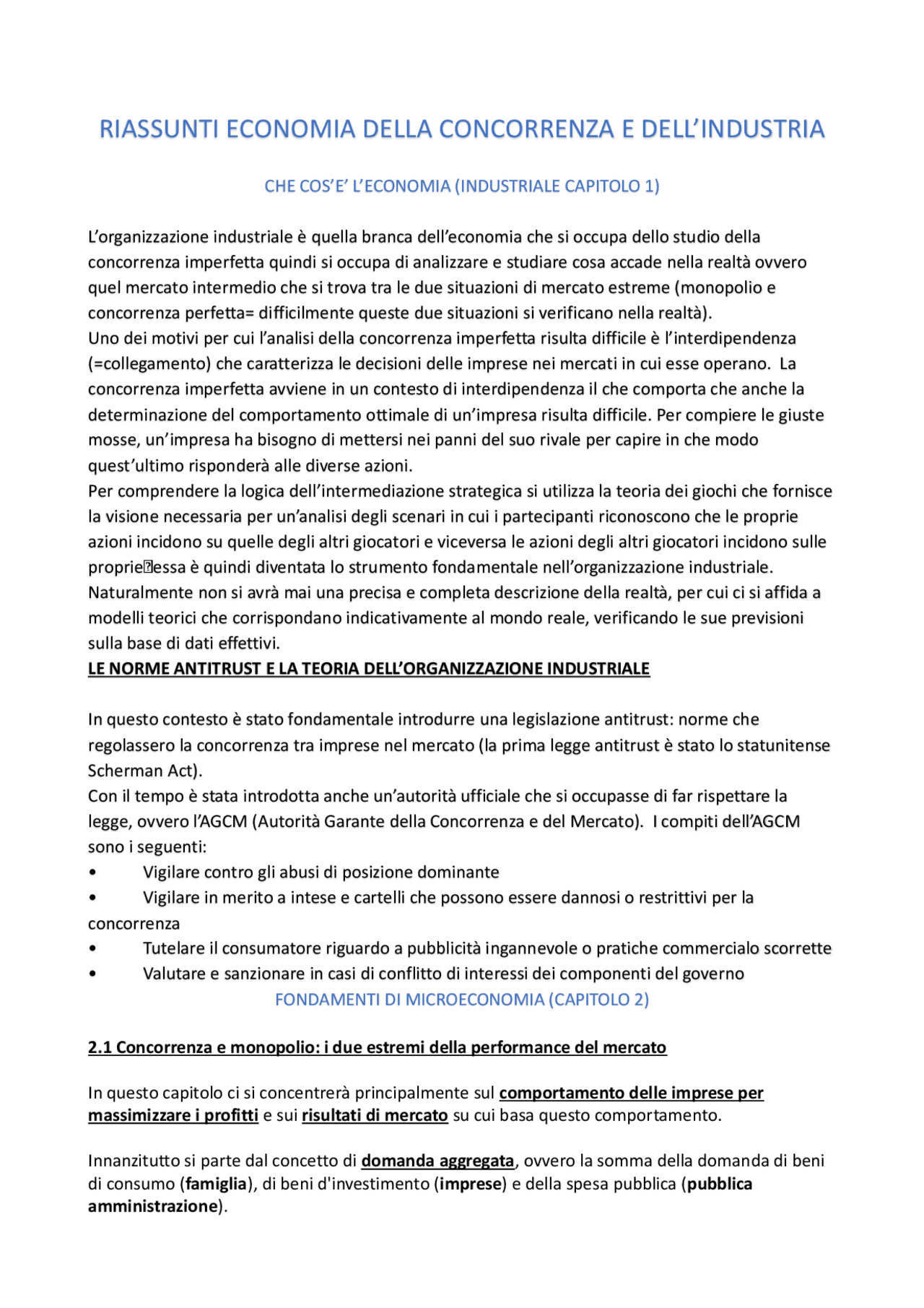 RIASSUNTI PER ESAME TOTALE ECONOMIA DELLA CONCORRENZA | Appunti di Economia Industriale | Docsity