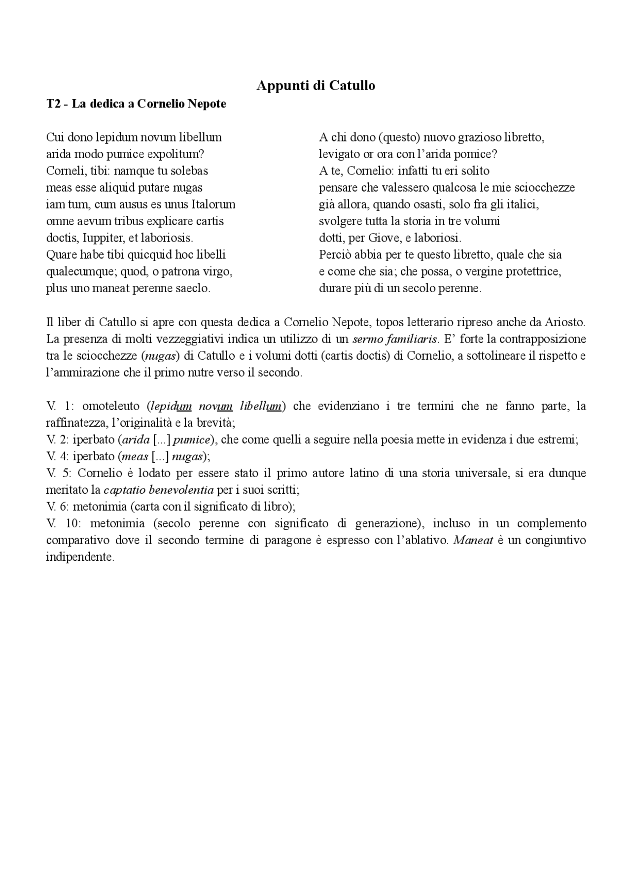 Appunti Sui Testi Di Catullo Appunti Di Latino Docsity