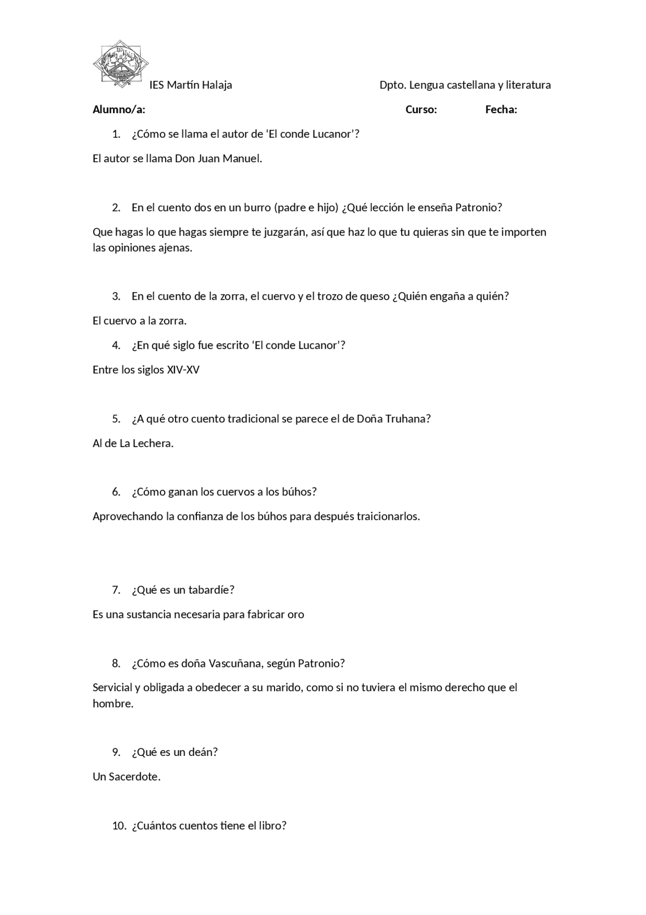 Conde lucanor ficha de 3 eso para realizar | Apuntes de Lengua y ...