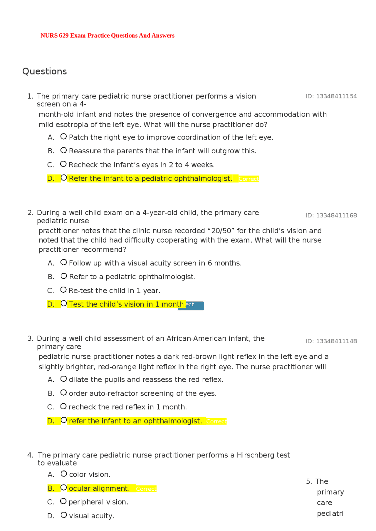 NURS 629 Exam Practice Questions And Answers | Exams Health sciences | Docsity