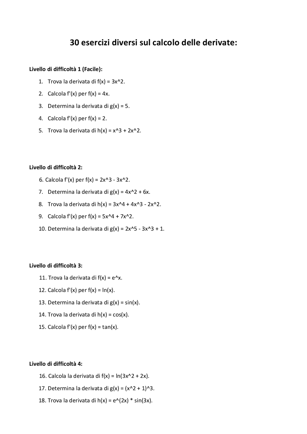 30 Esercizi Derivate Con Soluzioni Esercizi Di Matematica Generale