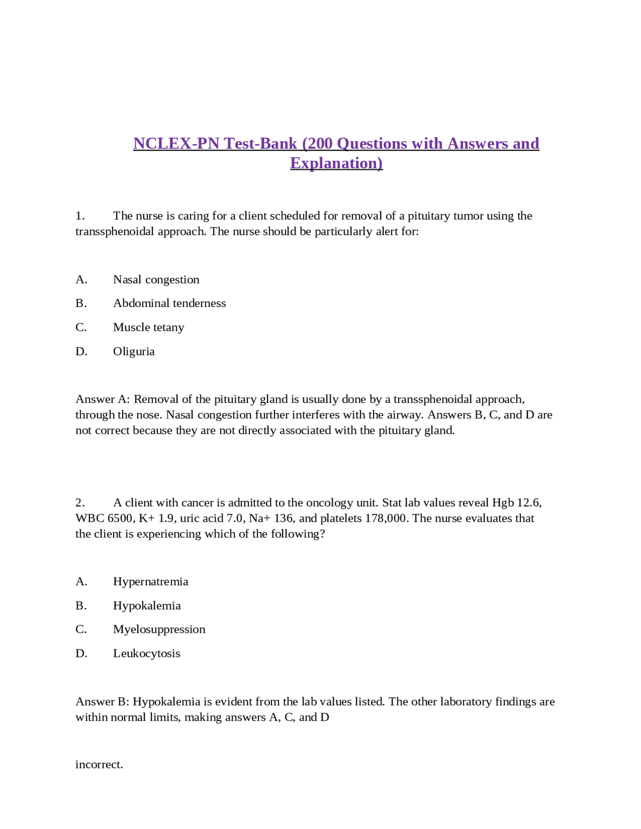 NCLEX-PN Test-Bank (200 Questions with Answers and Explanation) | Exams ...