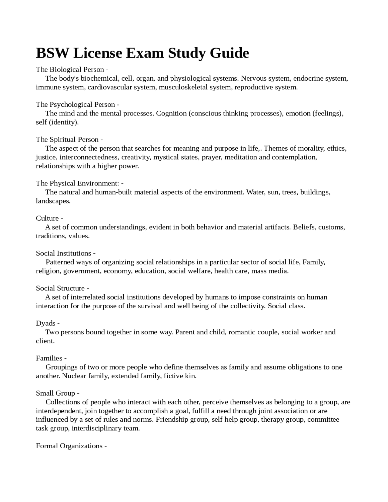 BSW License Exam Study Guide | Exams Social Work | Docsity