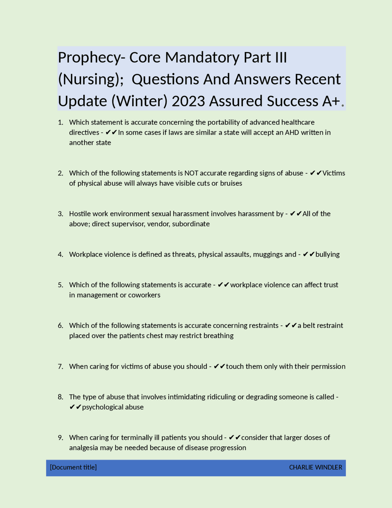 Prophecy Core Mandatory Part Iii Nursing Questions And Answers
