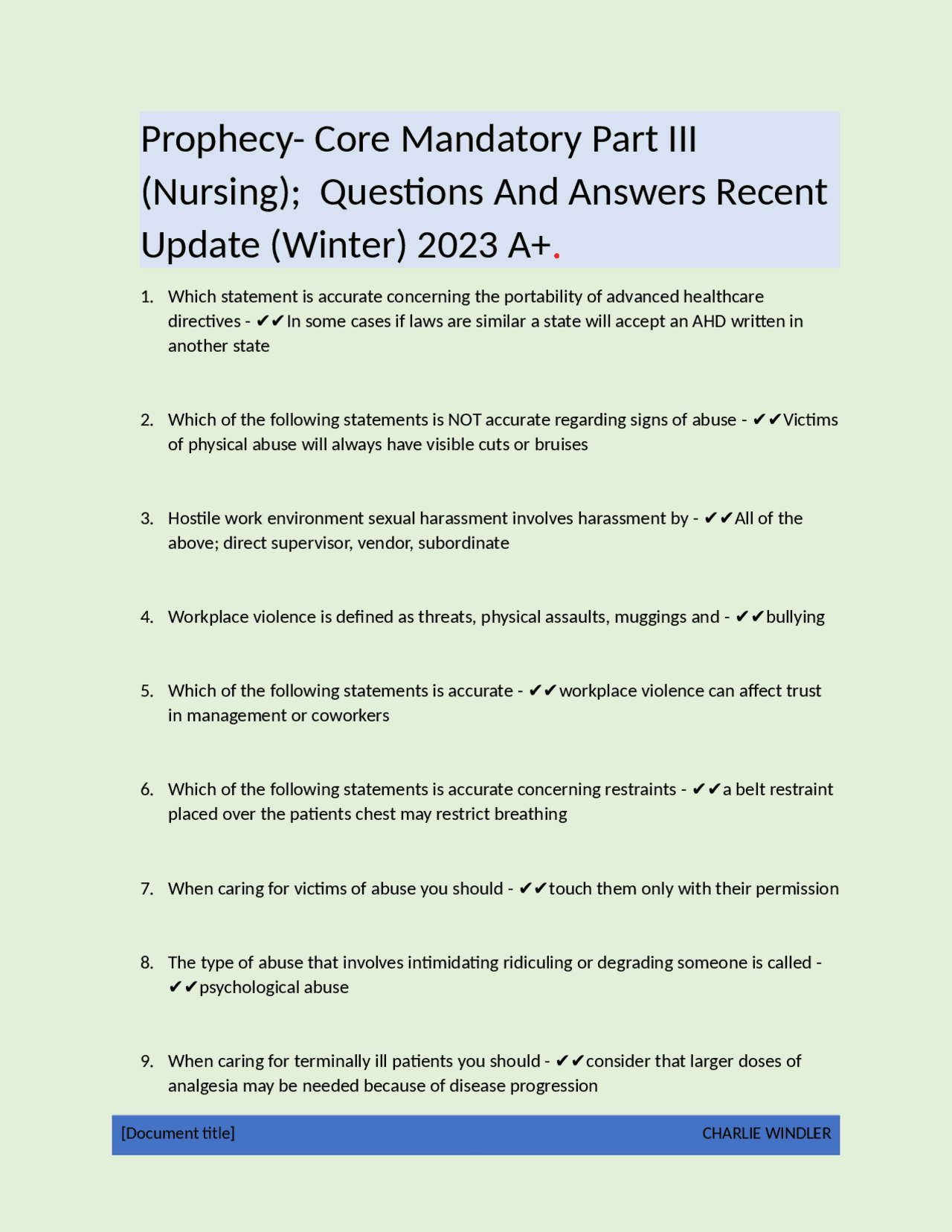 Prophecy- Core Mandatory Part III (Nursing); Questions And Answers ...