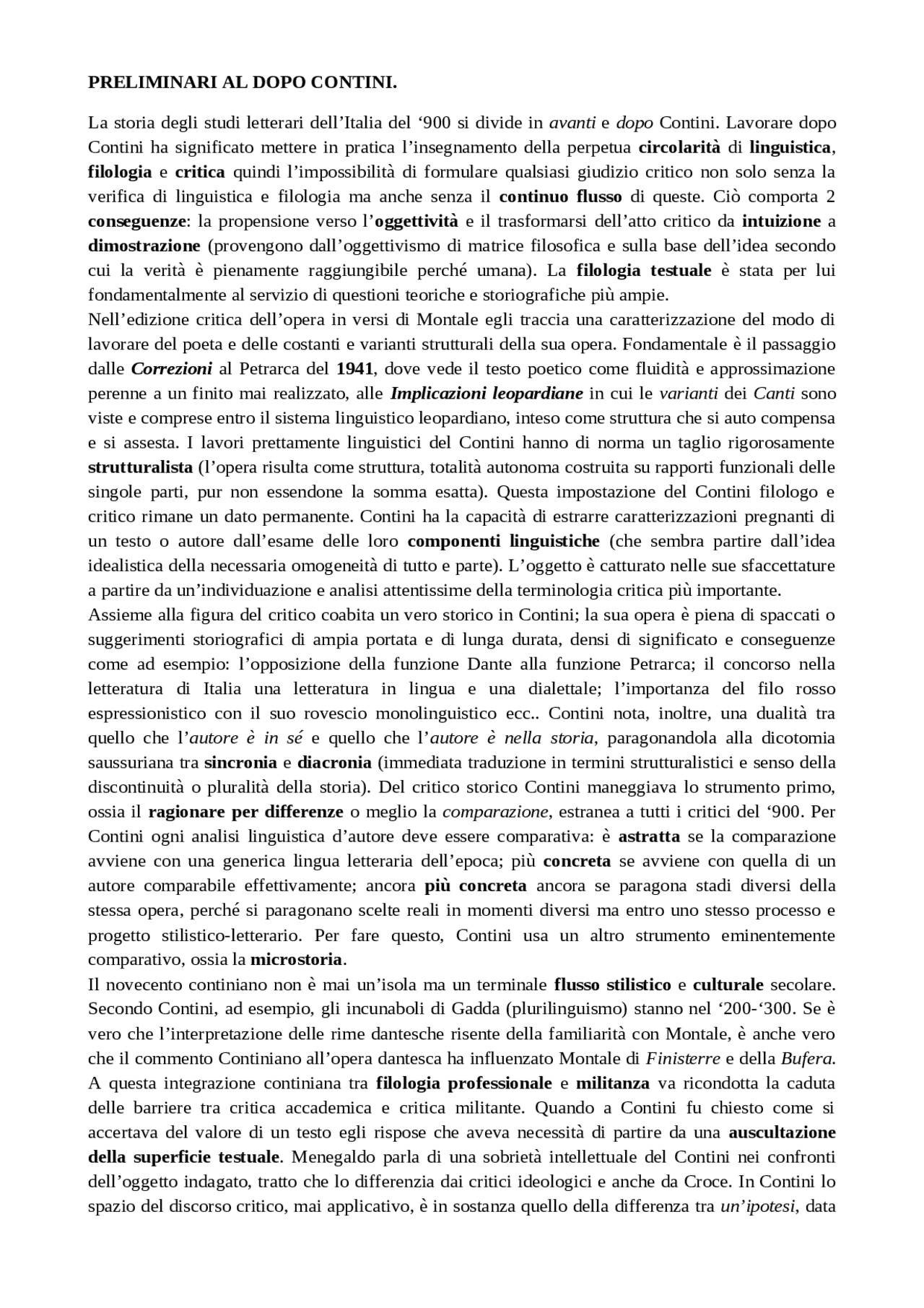 Preliminari al dopo Contini | Dispense di Critica Letteraria | Docsity