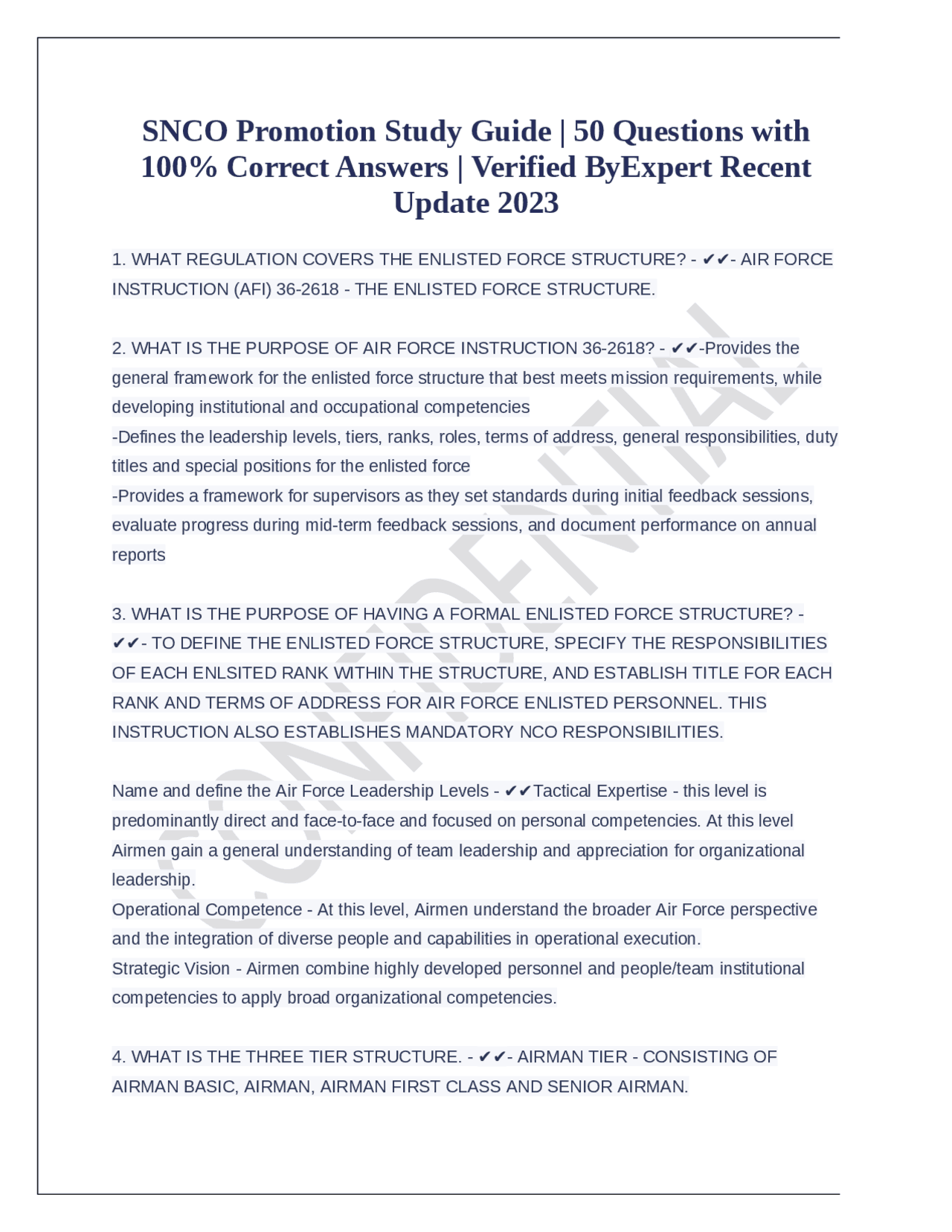 SNCO Promotion Study Guide | 50 Questions with 100% Correct Answers ...