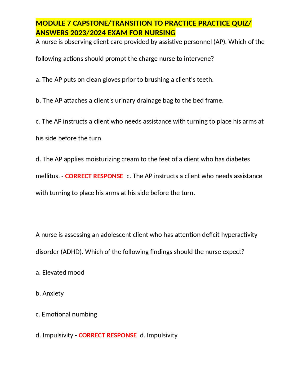 MODULE 7 CAPSTONE/TRANSITION TO PRACTICE PRACTICE QUIZ/ ANSWERS 2023/ ...