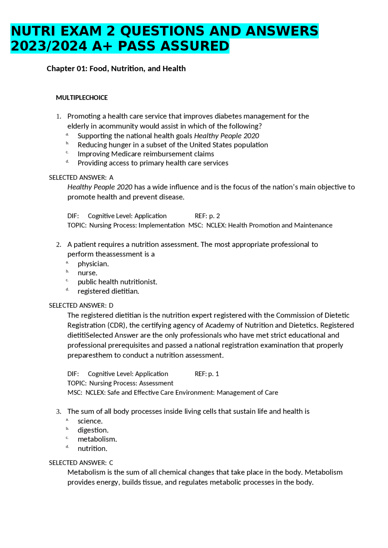 Nutri Exam 2 Questions And Answers 20232024 A Pass Assured Exams