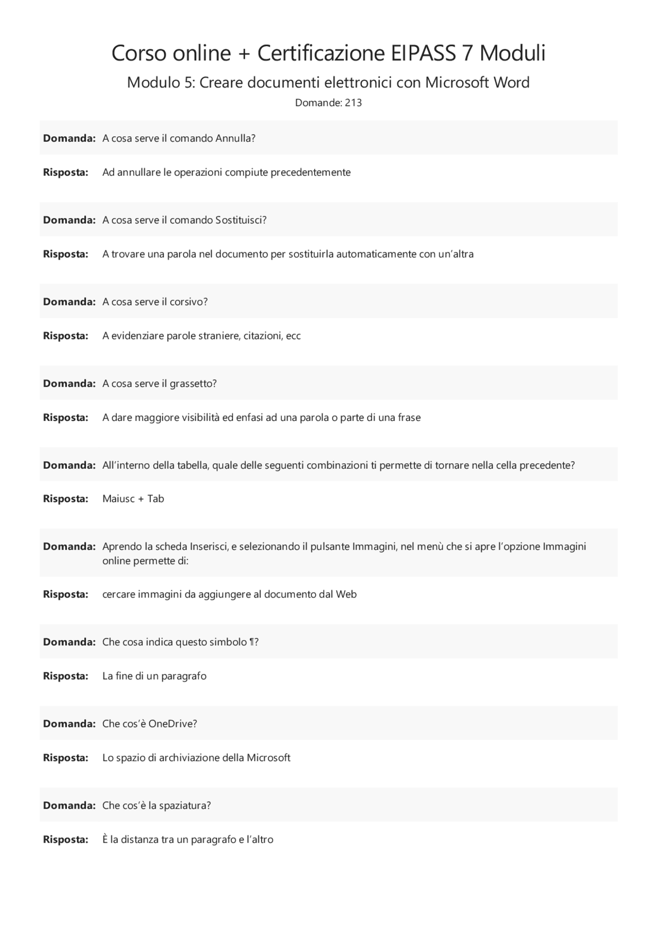 CERTIFIC.NE EIPASS RISPOSTE DEL MODULO 5 - Creare documenti elettronici con Microsoft Word ...