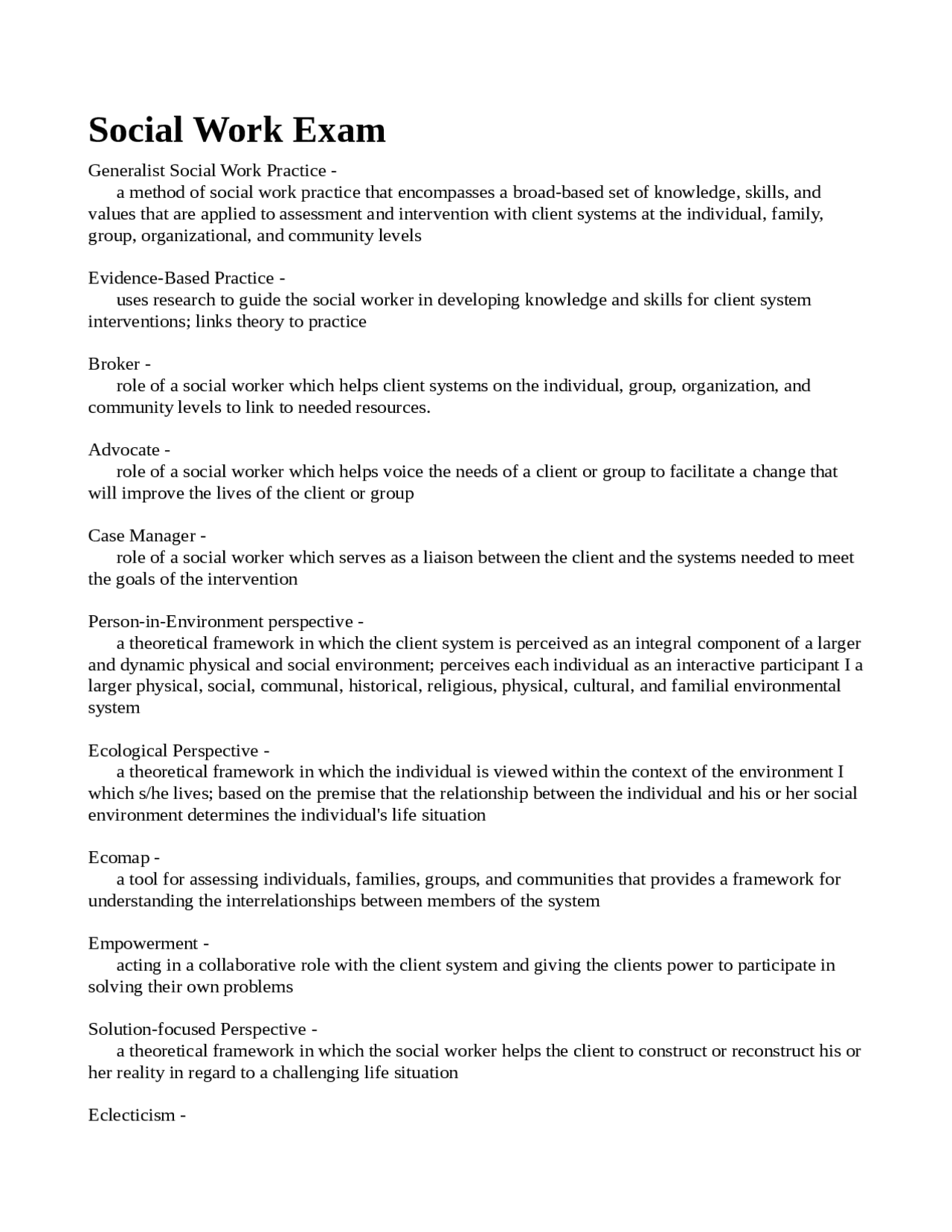 Social Work Exam Social Work Exam | Exams Social Work | Docsity