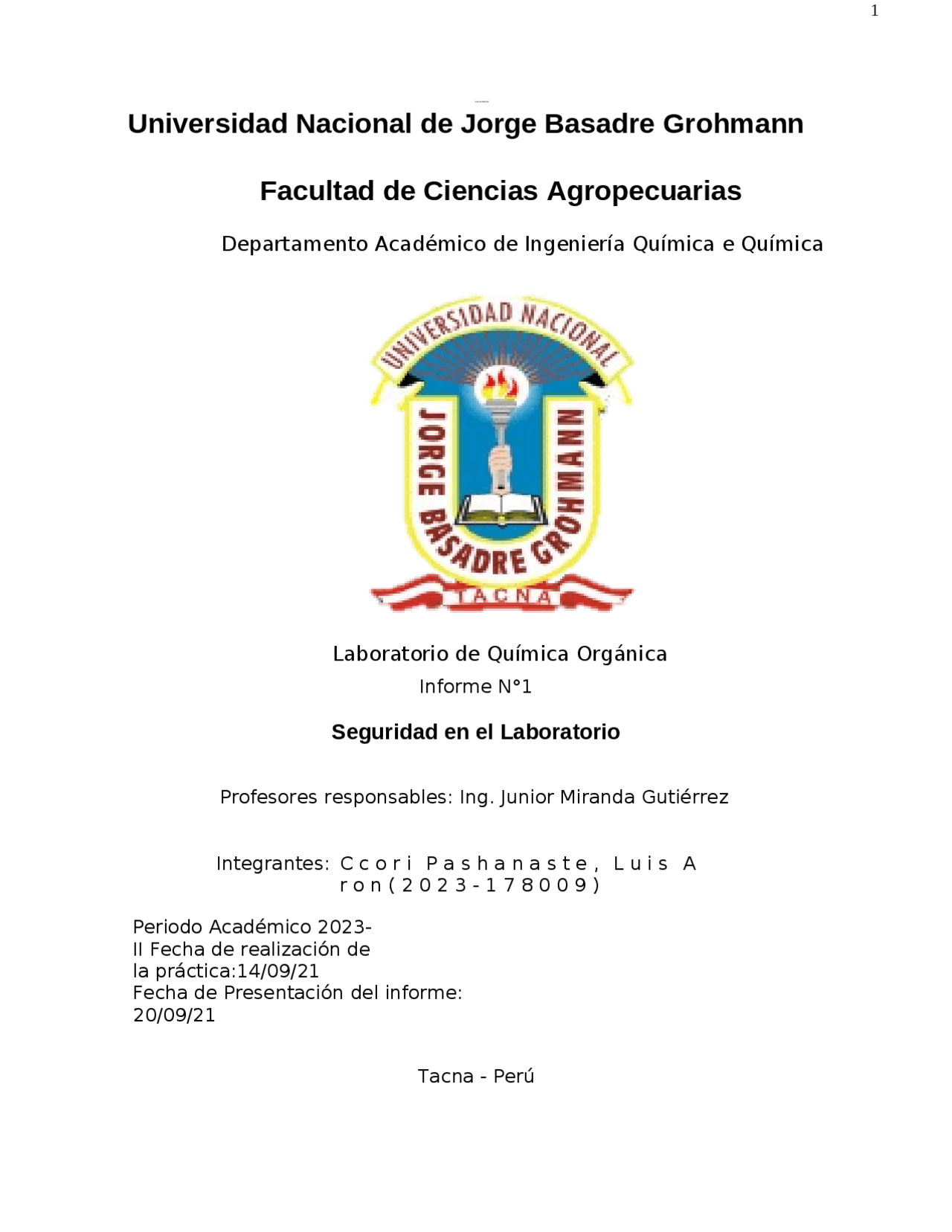 Informe N°1 Normas De Seguridad En Un Laboratorio Monografías
