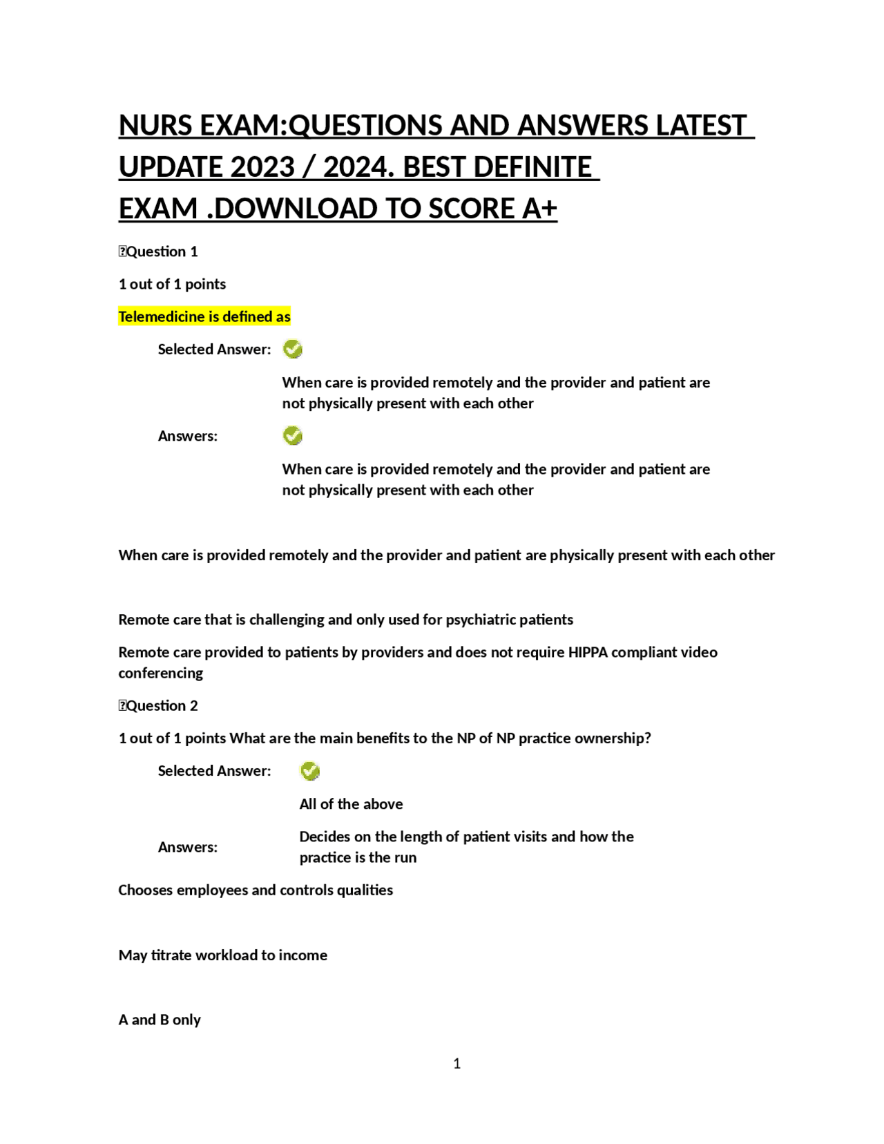 Nurs Examquestions And Answers Latest Update 2023 2024 Best