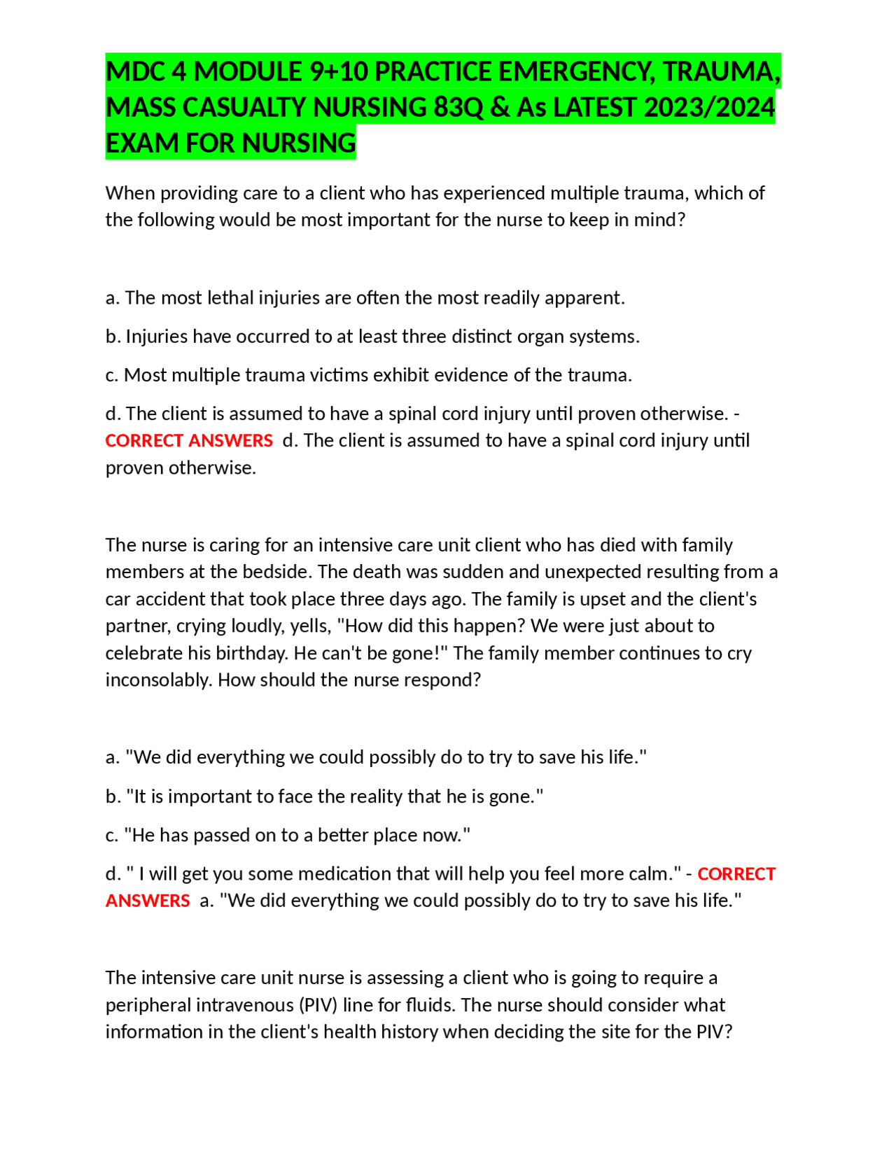 MDC 4 MODULE 9+10 PRACTICE EMERGENCY, TRAUMA, MASS CASUALTY NURSING 83Q ...