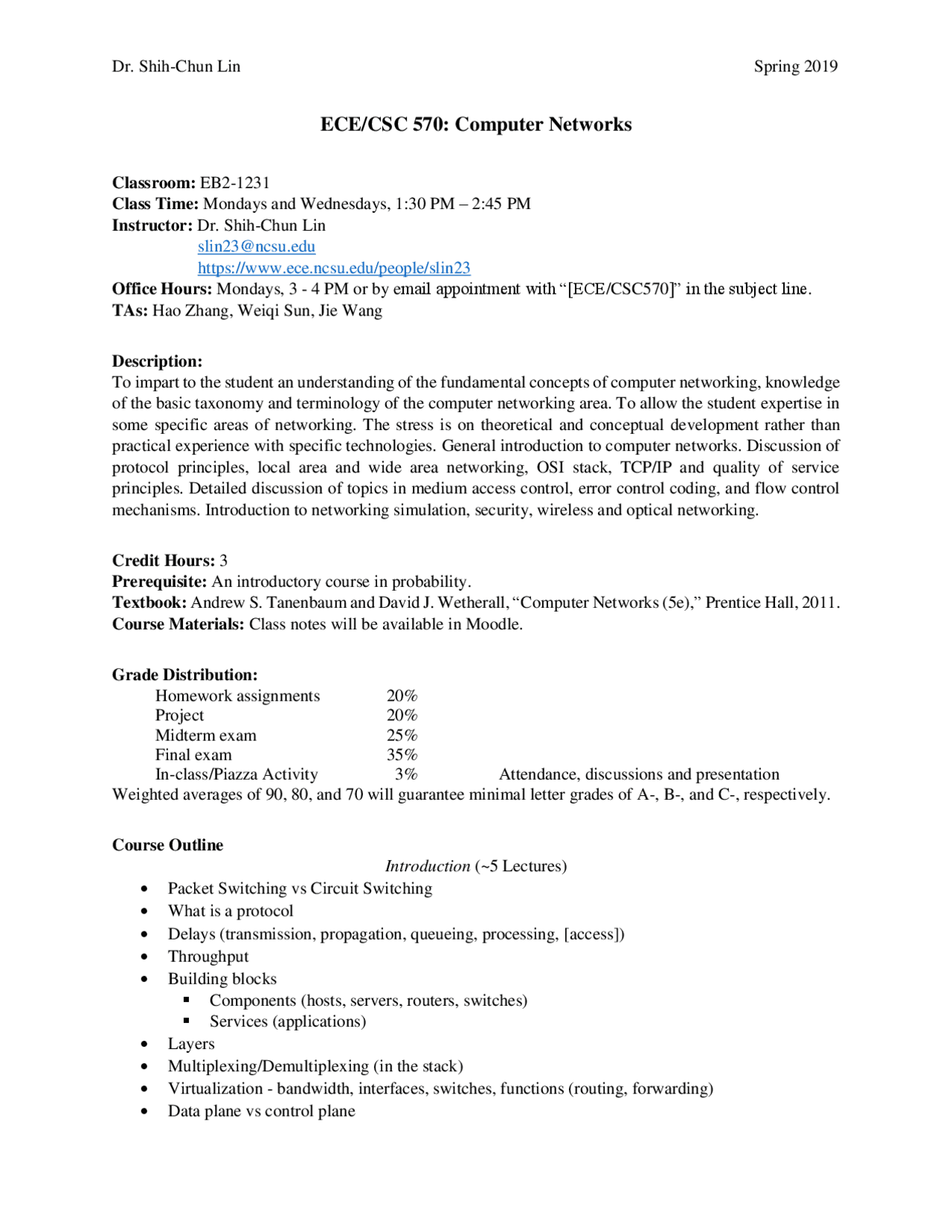 Syllabus For Ece 570 2022 Cheat Sheet Computer Networks Docsity