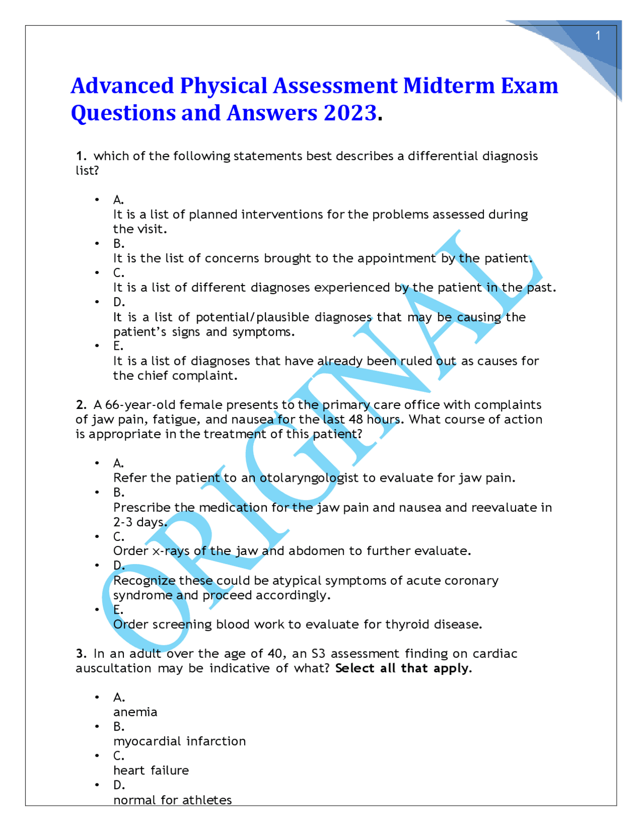 Advanced Physical Assessment Midterm Exam Questions and Answers 2023 ...